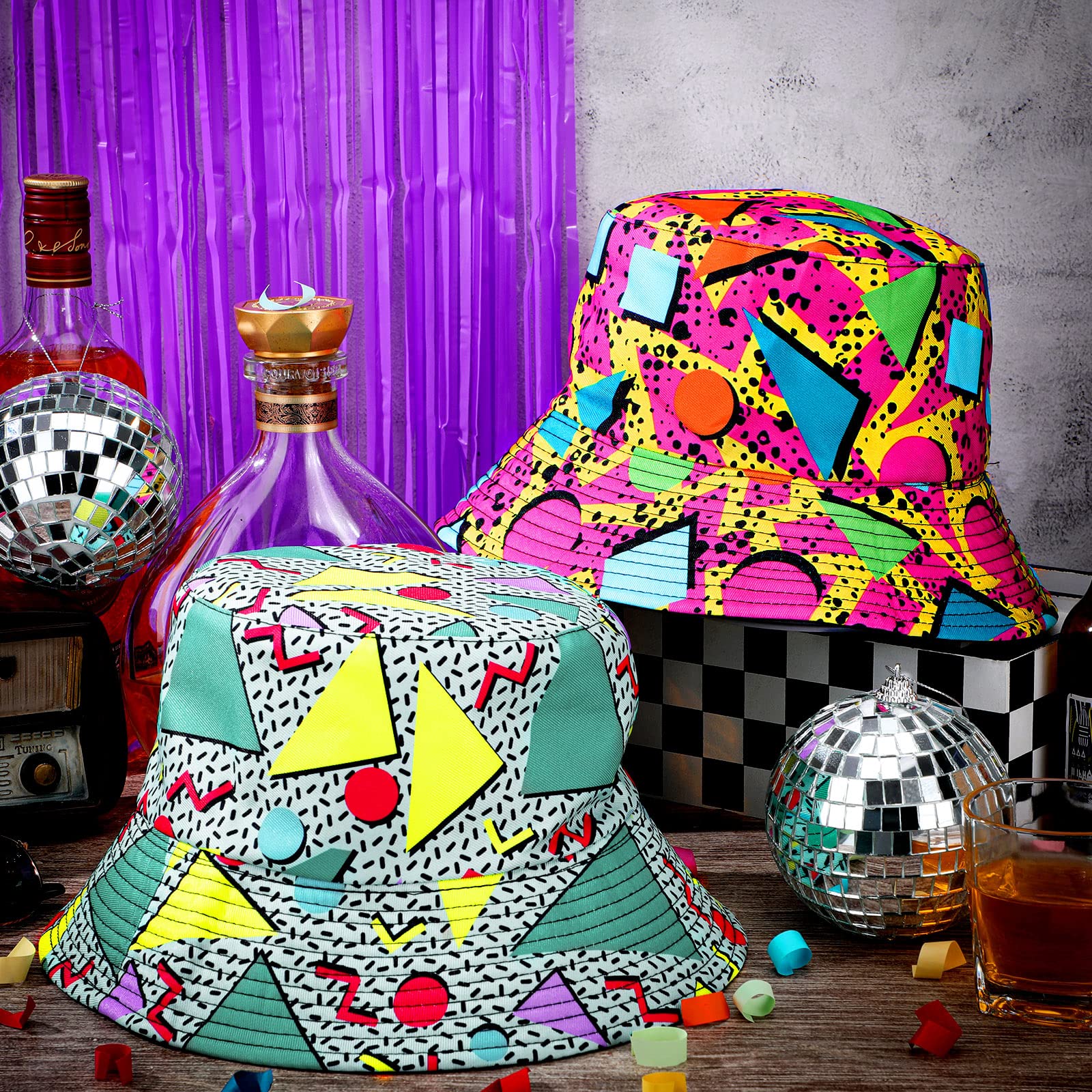 2 Pack Retro 80s 90s Bucket Hat for Women Men Vintage Print Fisherman Neon Nylon Hat Reversible Packable Travel Cap (Fresh Style)