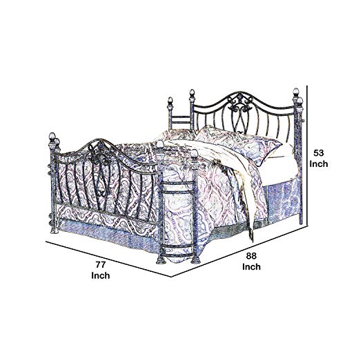 Benjara Metal Queen Headboard and Footboard with Swirling Floral Motifs, Antique Gold