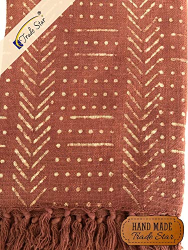 Trade Star Decorative Ethnic Block Print Throw Blanket for Couch 100% Cotton Soft Tassel Blanket Handmade Mudcloth Throw for Home Handloomed Housewarming Gift (Rust, Snow (120 x 170 Cms))