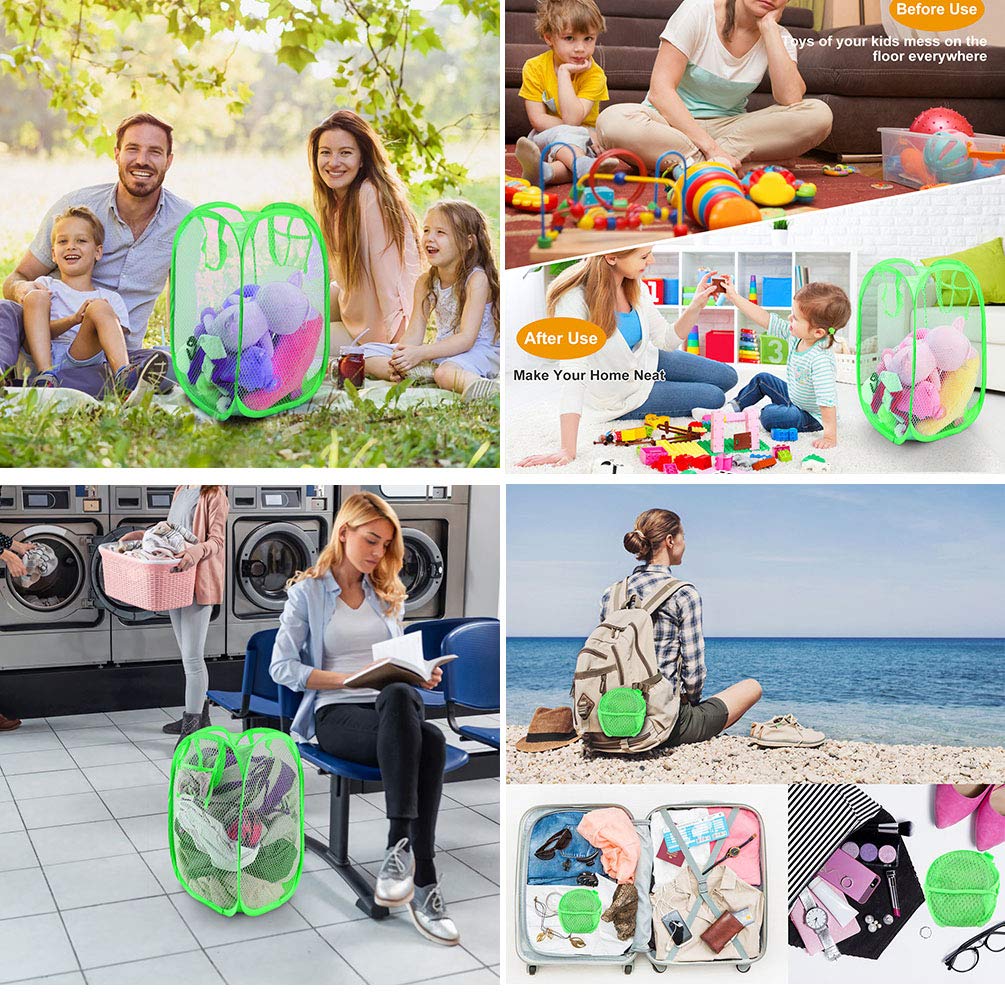 3PCS Mesh Laundry Pop-Up Hampers ,Foldable Clothes Washing Laundry Basket Bins ,Handles Kids’ Garments Hamper, for Storage Room ,Kids Toys, College Dorm ,Home Organization Travel Use (Green)