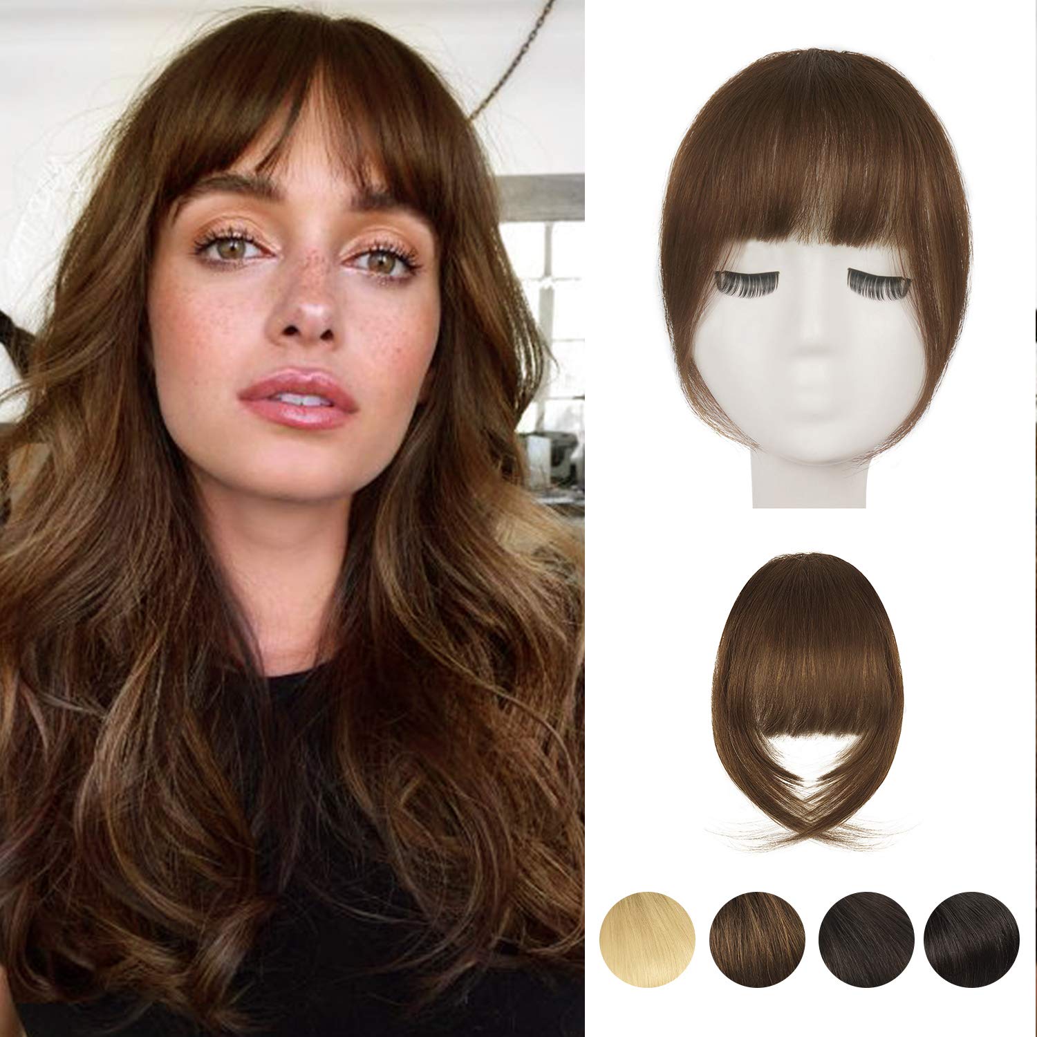 BARSDAR Human Hair Clip in Bangs - Human Hair Bangs Clip in Extensions for Women, French Thick Brown Hair Bangs Clip on Fringe Real Human Hair Bangs Hairpieces Daily - Golden Chestnut Brown