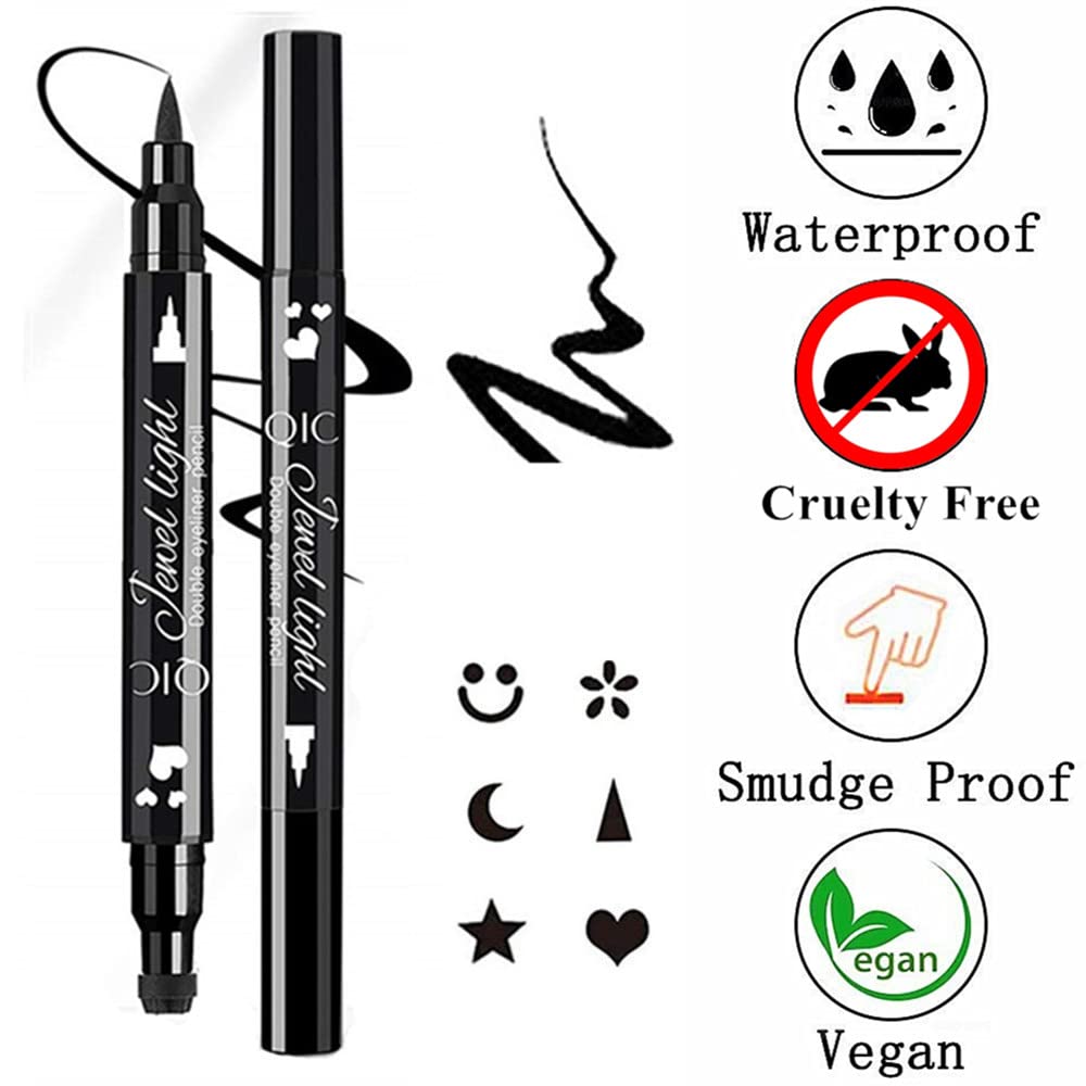 Go Ho 6 PCS Eyeliner Stamps,Double-sided Super Slim Gel Felt Tip High Black Eye Liner Pen,Waterproof Smudge-Proof Smooth Eyeliner Makeup Tools(6 Shapes)