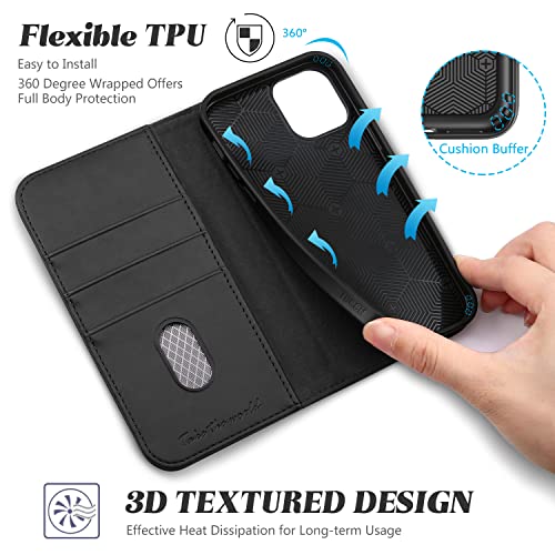 TUCCH Wallet Case for iPhone 12 Pro/iPhone 12 5G, Premium PU Leather Flip Folio Cover with Card Slot, Stand Book Design [Shockproof TPU Interior Case] Compatible with iPhone 12/12 Pro 6.1-inch, Black