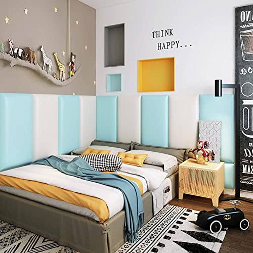 3D Anti-Collision Wall Padding for Kids, Peel and Stick Upholstered Wall Panels, Queen Headboard, Playroom Decorative Protection Panel, Pack of 2 Panels Sized 23.6β X 11.8β (Sky Blue)