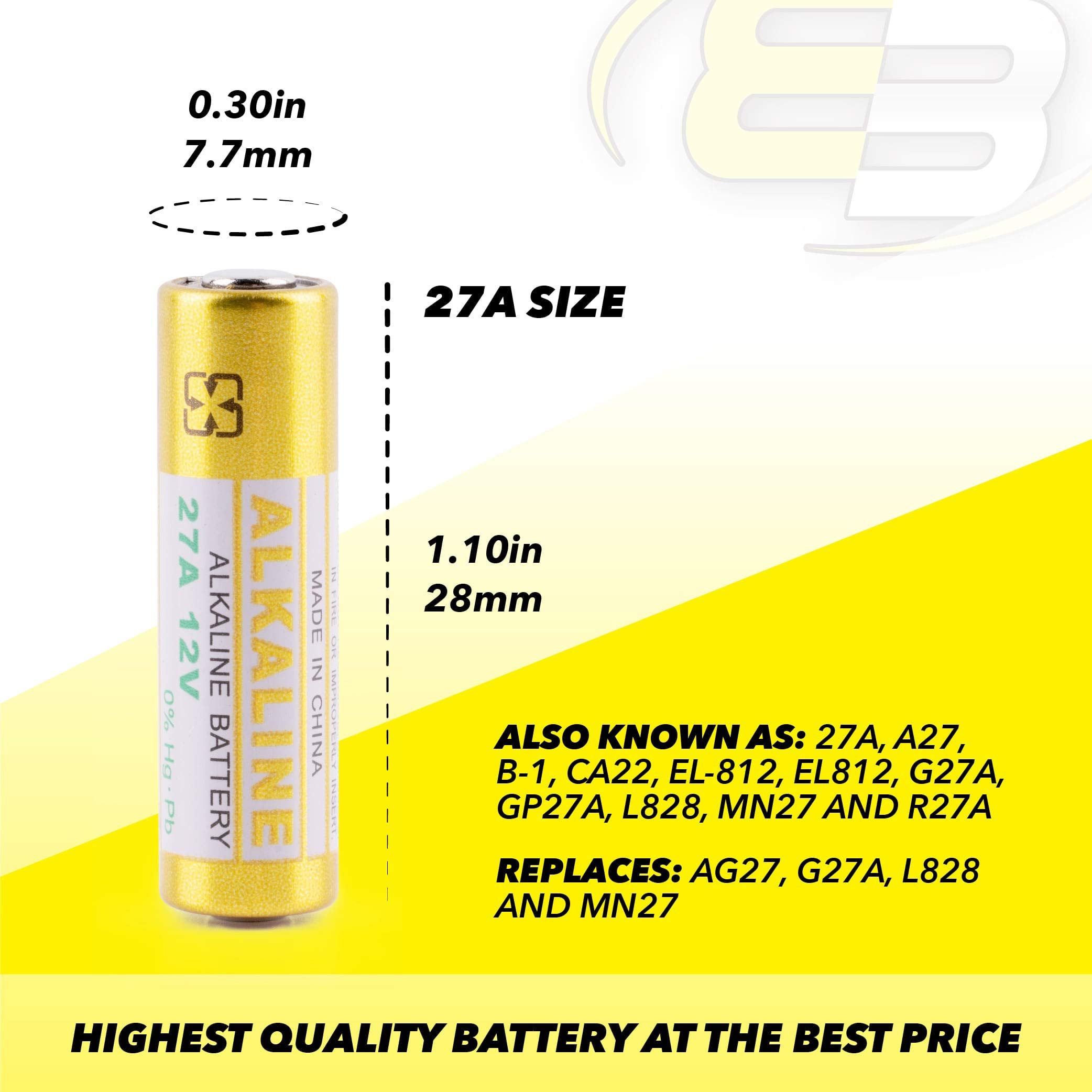 Exell EB-27A Alkaline Battery for Key Fobs, Burglar Alarm Remotes, Garage Door Openers, and More (12 Volts, 18 Milliamp Hours) (5-Pack)