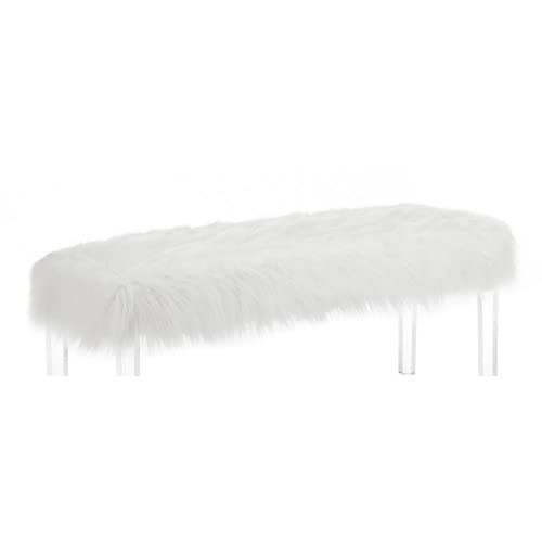 1pc White Glam Accent Bench with Faux Fur Seat Transparent Legs