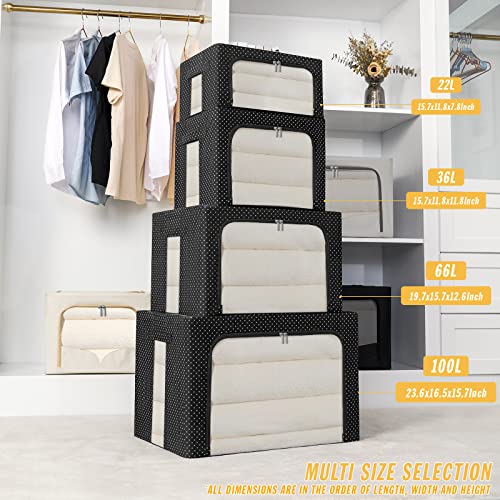 3 Pack Clothes Storage Organizer Bins - Foldable Metal Frame Storage Bins Stackable Oxford Cloth Fabric Container Organizer Set with Carrying Handles and Clear Window (Large-66L, Black Dots)