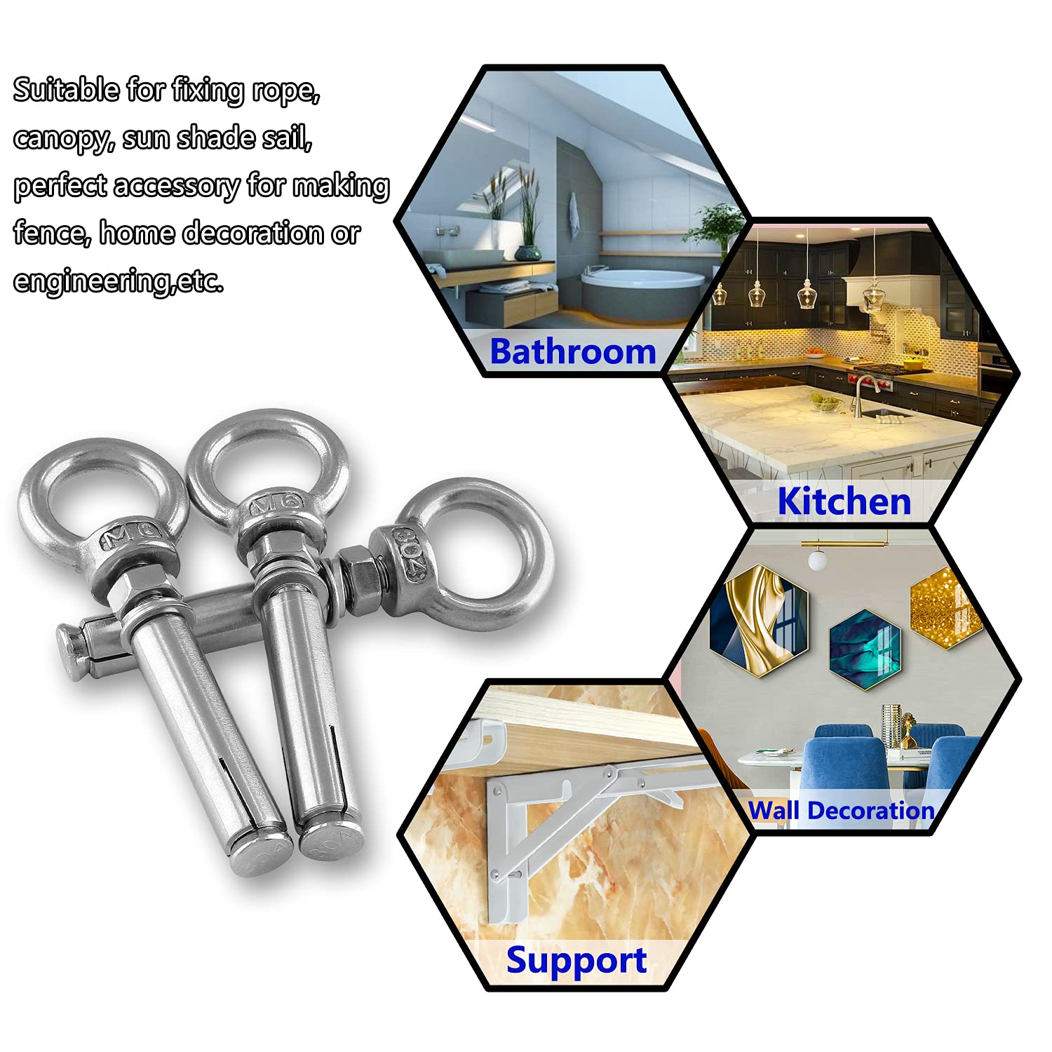 Reedny,Eyebolt Bolt Stainless Steel Wall Concrete Brick Anchor Expansion Bolts Ring Screw Eyes,Heavy Duty Anchor Fastener Eye Bolt (M8, 4 Pcs)