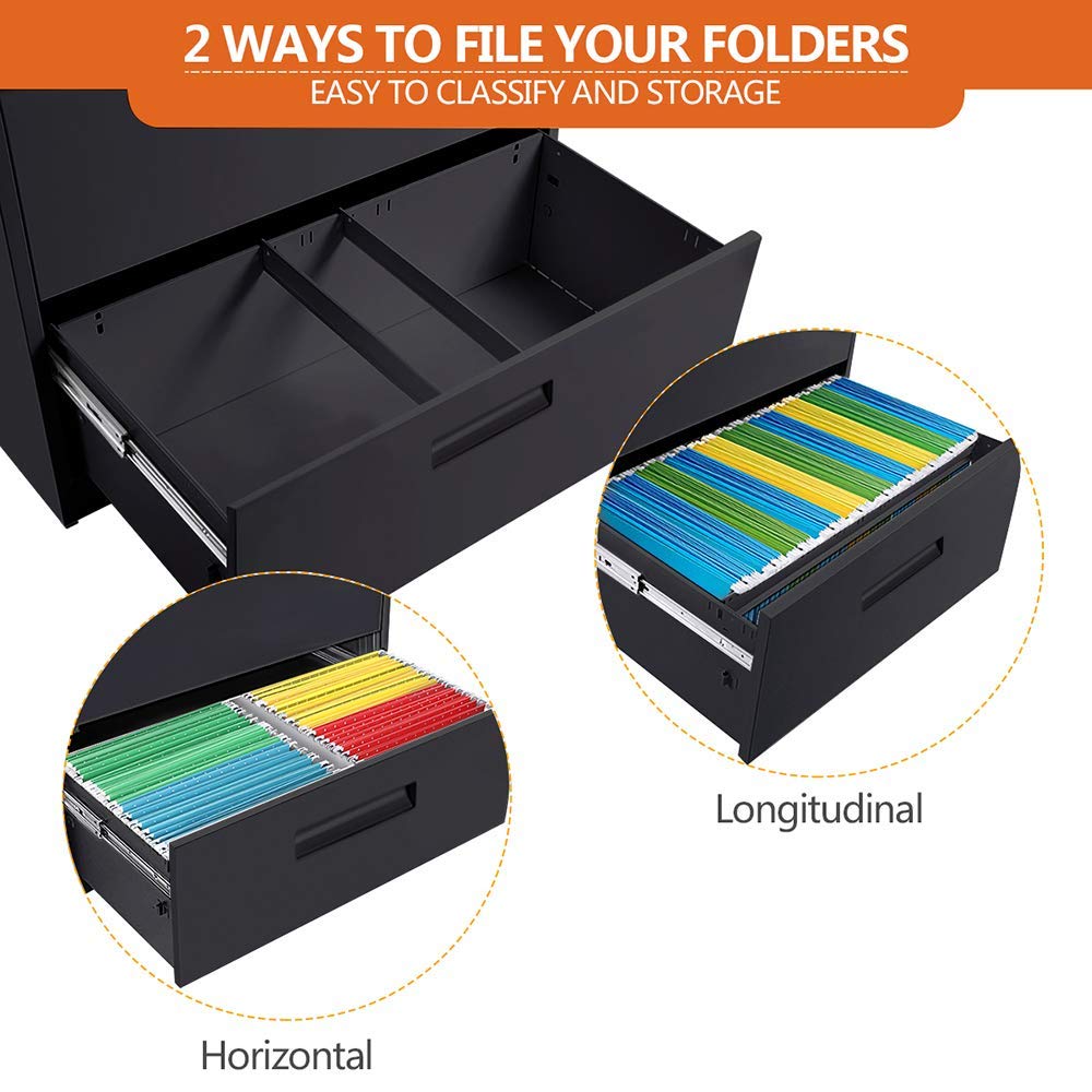 2 Drawer Lateral Filing Cabinet for Home and Office, Hanging File White and Black Lateral File Cabinet