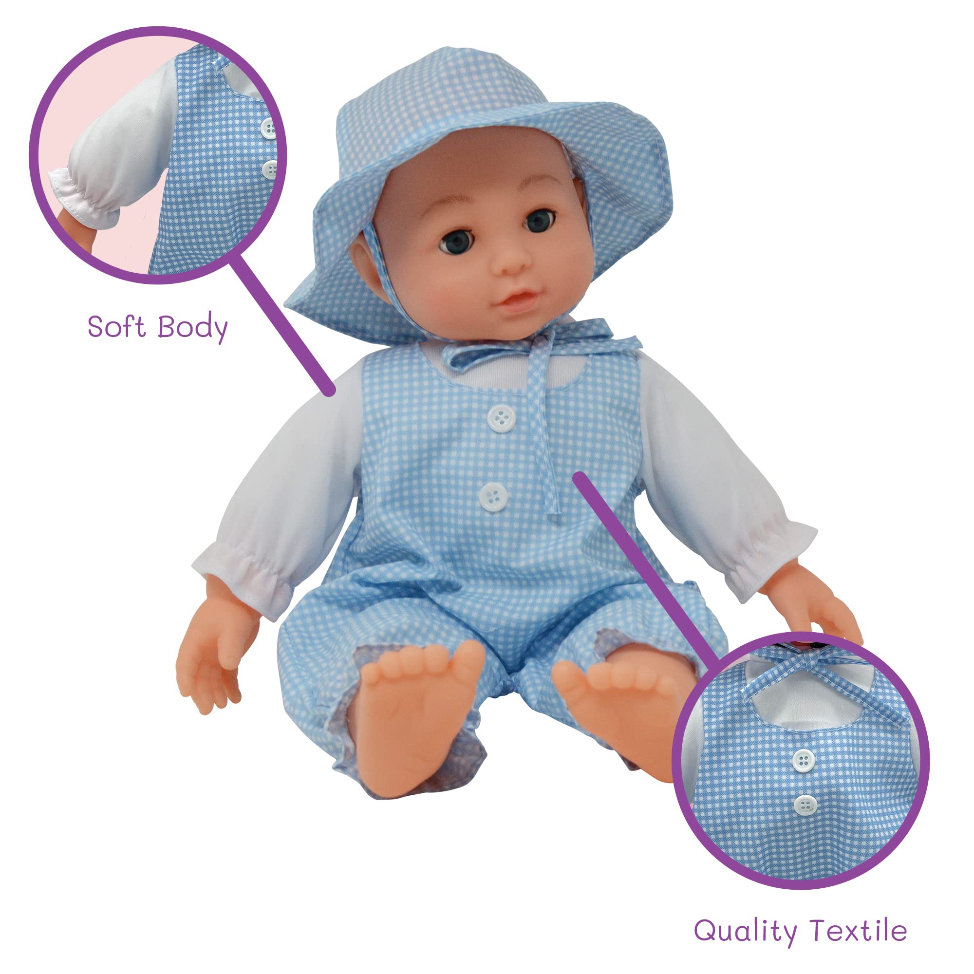 16 inch Realistic Baby Doll with Plush Body, Soft Vinyl Head & Extremities, Gingham Print Summer Outfit Bonnet Hat, Blinking Open & Close Eyes – Boxed 16” Kid’s Doll Gift for Toddler Girl, Boy (Pink)