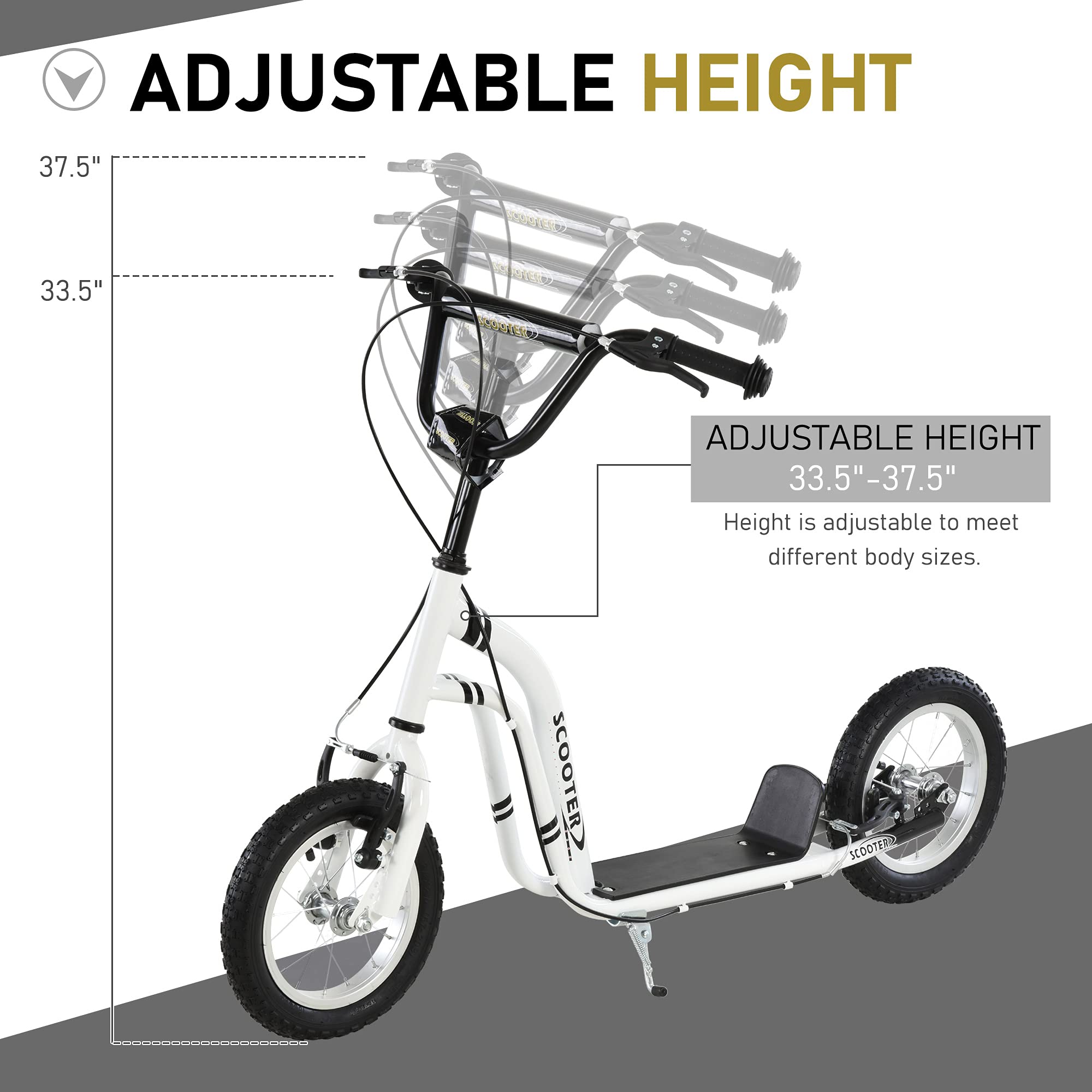 Aosom Youth Scooter Front and Rear Caliper Dual Brakes 12-Inch Inflatable Front Wheel Ride On Toy for Age 5+, White