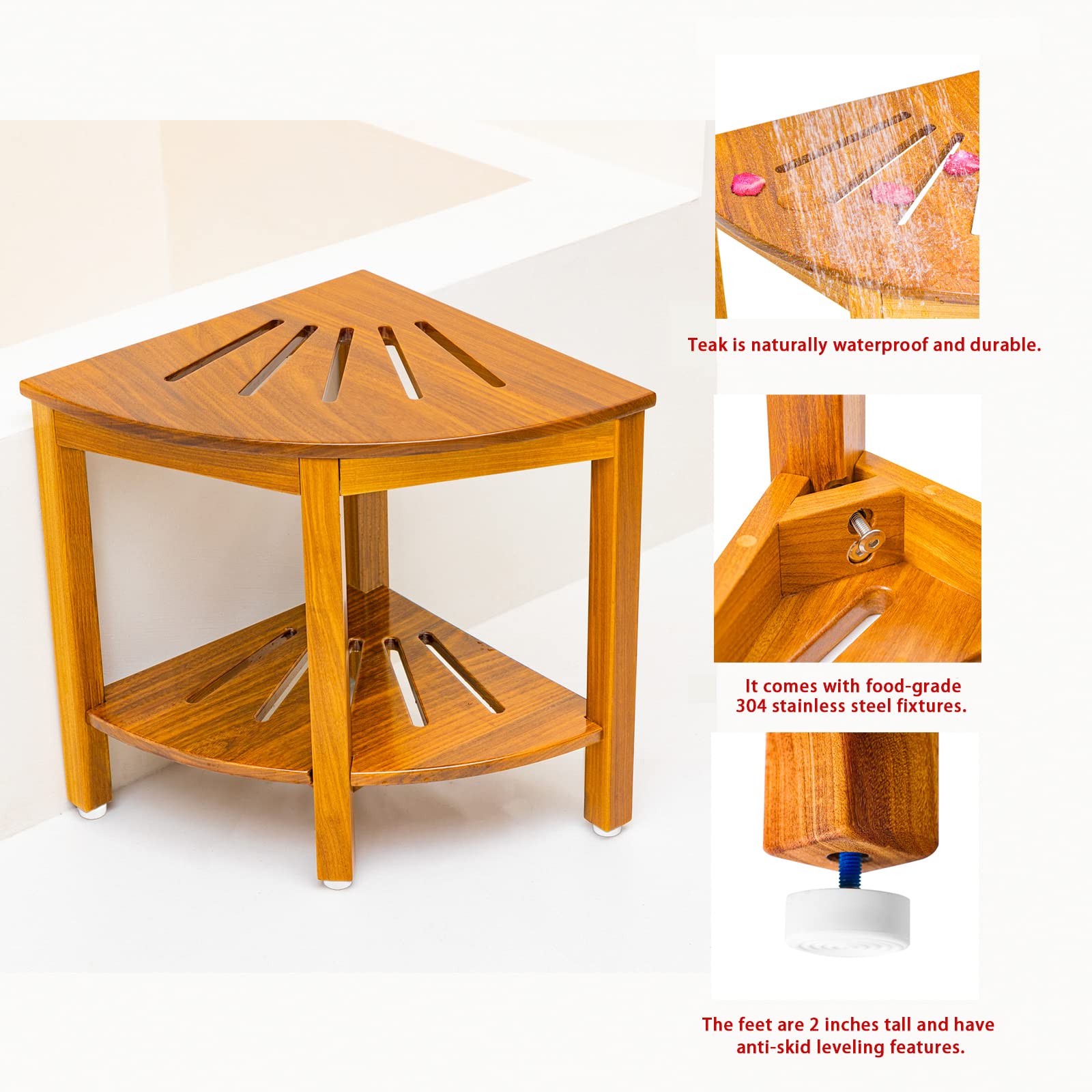 18" Corner Teak Shower Bench with Shelf/Teak Shower Stool for Inside Shower/Waterproof Bathroom Bench Seat/Wooden Shower Seat Spa Stool, for Inside or Outdoor Use.5 Years Warranty