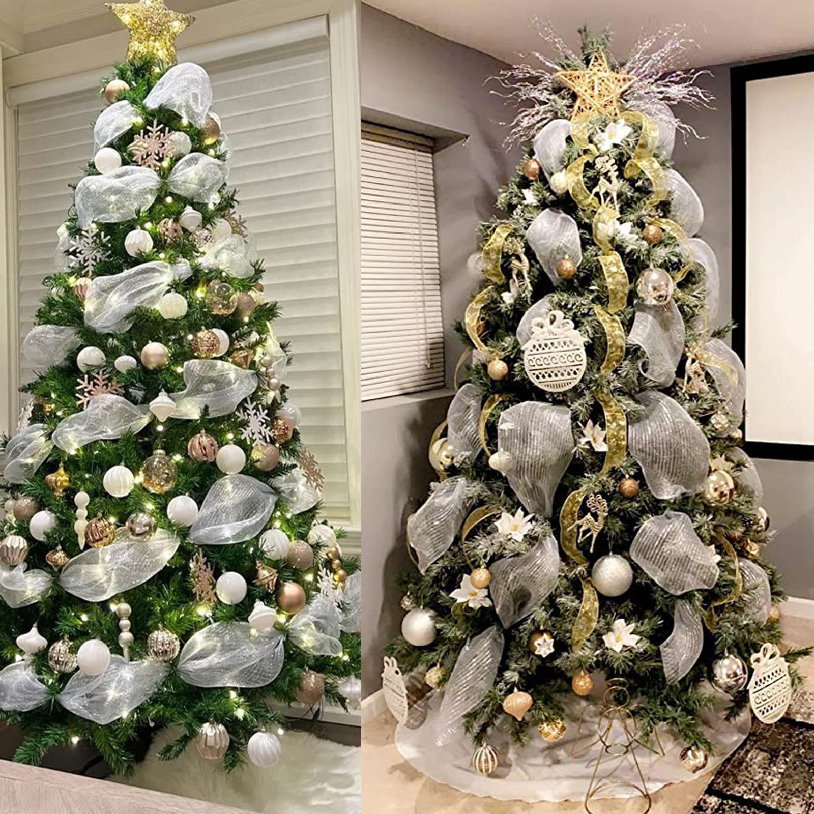 2 Rolls Christmas Deco Mesh, 10 Yards Silver & White Metallic Poly Mesh Ribbon Rolls for Wreaths, Mesh Ribbon for Christmas Tree, Wreath,Garland Home Decor