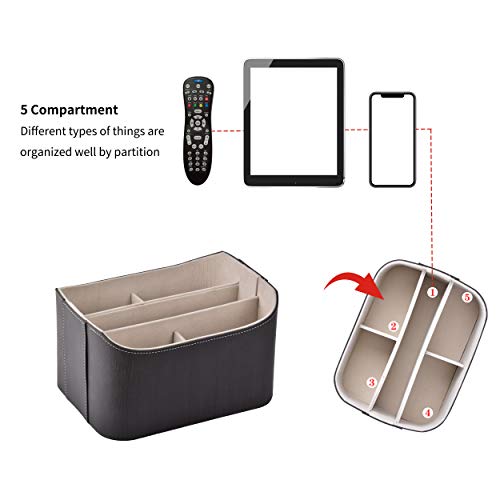 LUXSUN Remote Control Holder, Large Capacity Leather Remote Caddy, Desktop Organizer and Storage Box with 5 Compartments for TV Remotes/Controllers/Media Player/Mobile Phone/Pencil(Grey