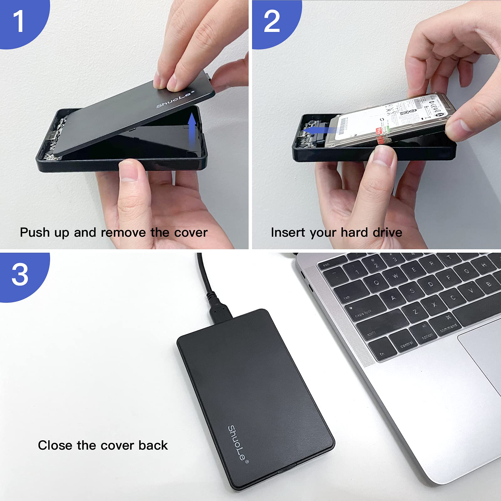 2.5 inch USB 3.0 SATA HDD Enclosure, Portable SATA to USB 3.1 Hard Drive Reader with Upgraded Cable for 2.5'' SSD HDD on Business Travel, Up to 6TB, Support UASP