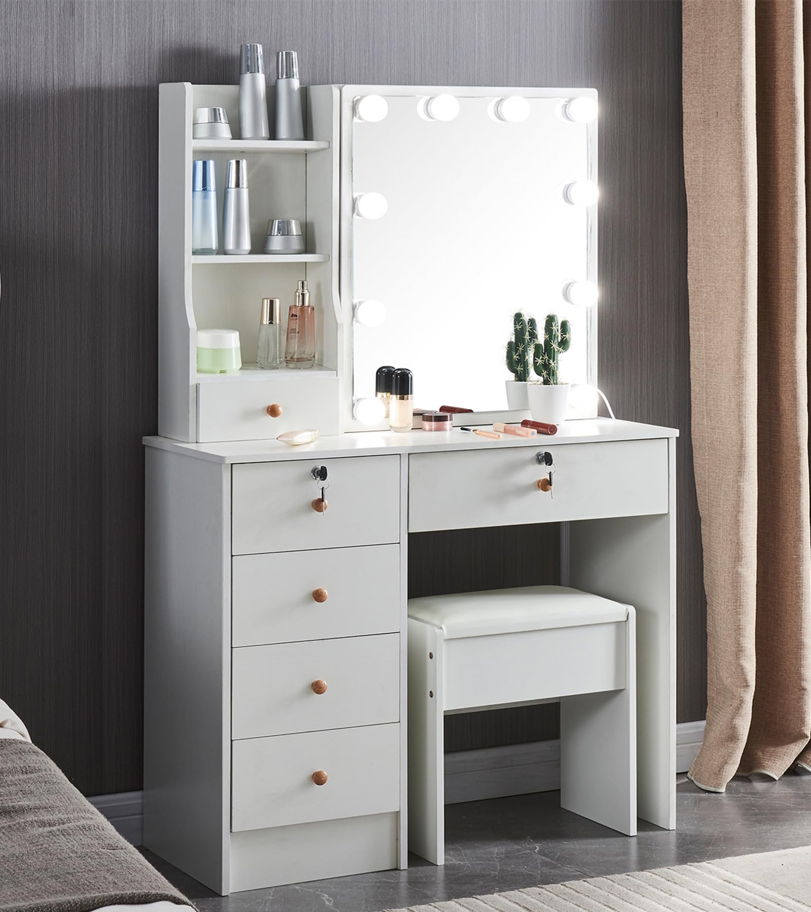 Vanity Desk, Makeup Table with Mirror and Lights, Dressing Table with 6 Drawer 3 Shelves Storage Unit, White Vanity Make Up Desk Bedroom Furniture (Vanity A07)