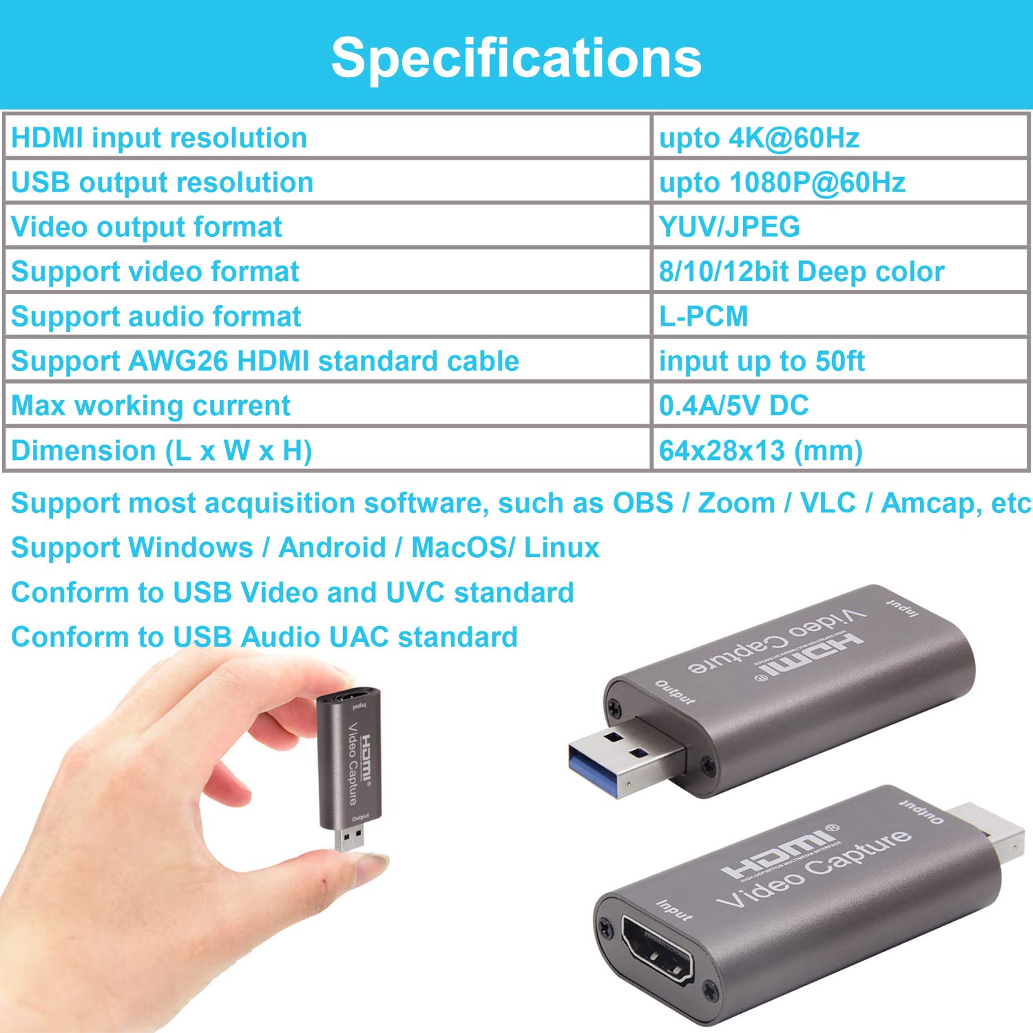 BlueAVS HDMI to USB Video Capture Card 1080P for Live Video Streaming Record via DSLR Camcorder Action Cam (Coffee)