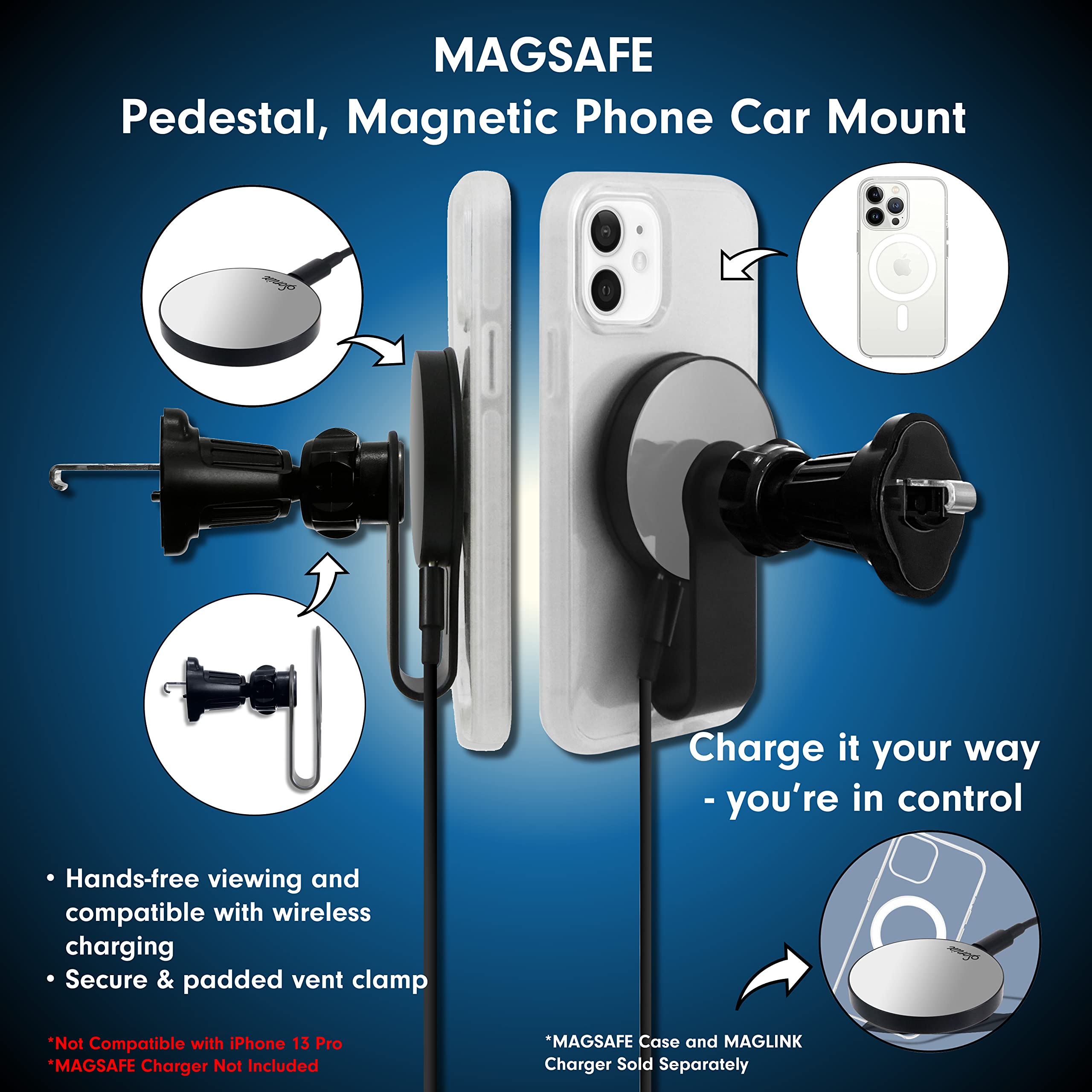 MAGNETIC LINK Car Mount, Compatible with MagSafe Cases and MagSafe Wireless Charger for iPhone 15, 14, 13, 12 series, Hands Free Cell Phone Holder with Secure Vent Clip - Graphite