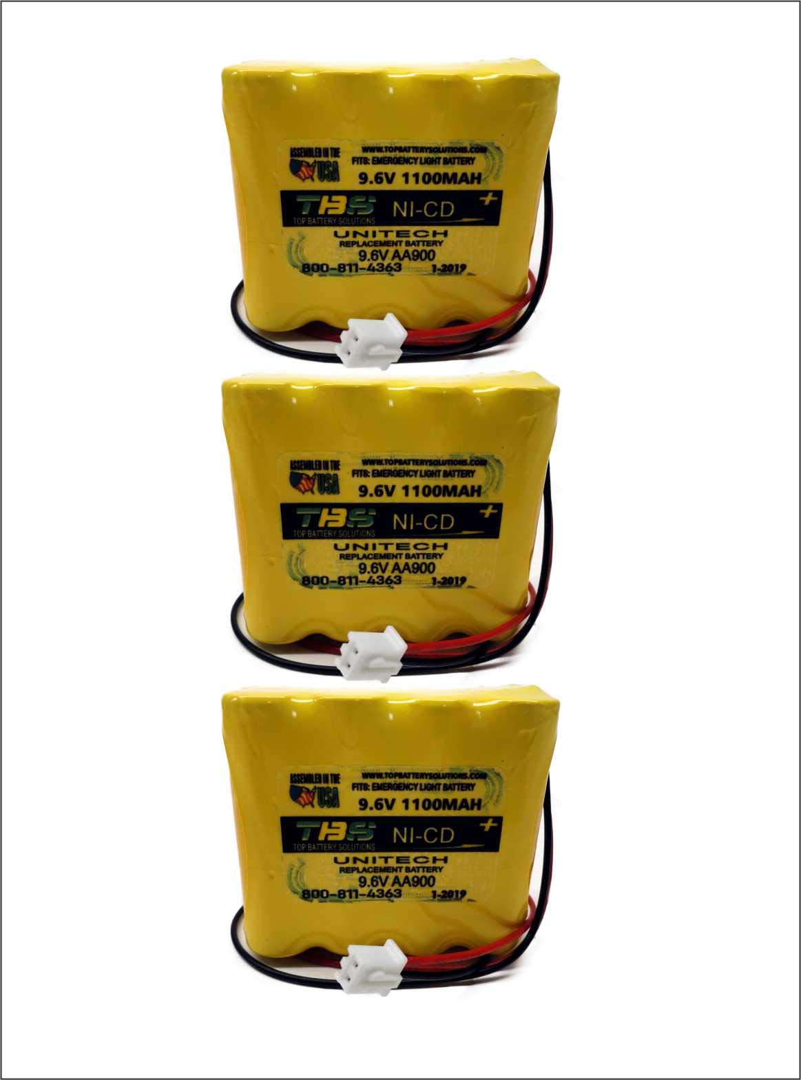 3PC Unitech AA900mAh 9.6V Battery Emergency Light 9.6V 1.1Ah NiCD