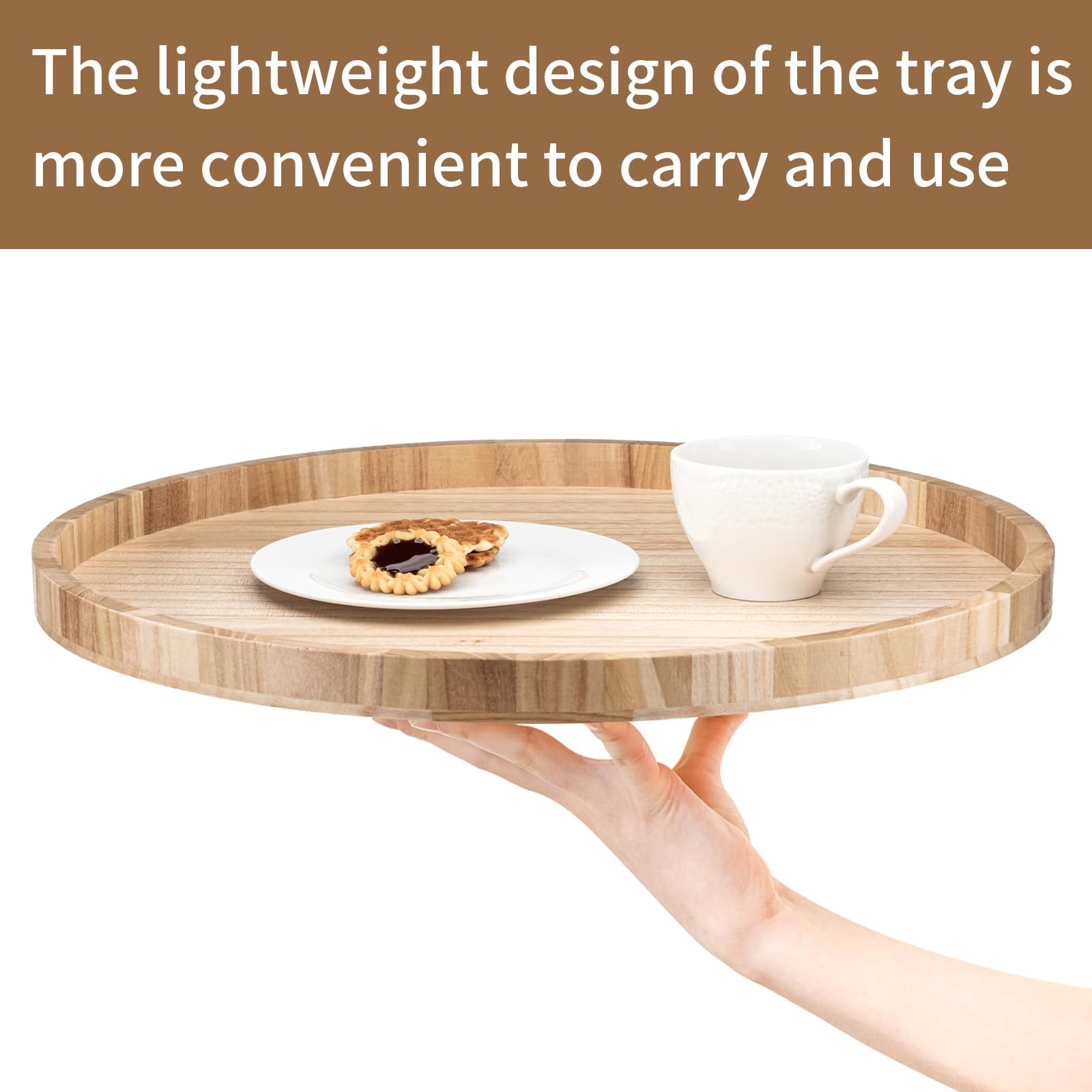 16 Inches Extra Large Solid Wooden Serving Tray Round Tea Coffee Table Tray Snack Food Meals Serving Plate Kitchen Party Bar Server Breakfast Tray with Raised Edges Nature Wood Ottoman Tray