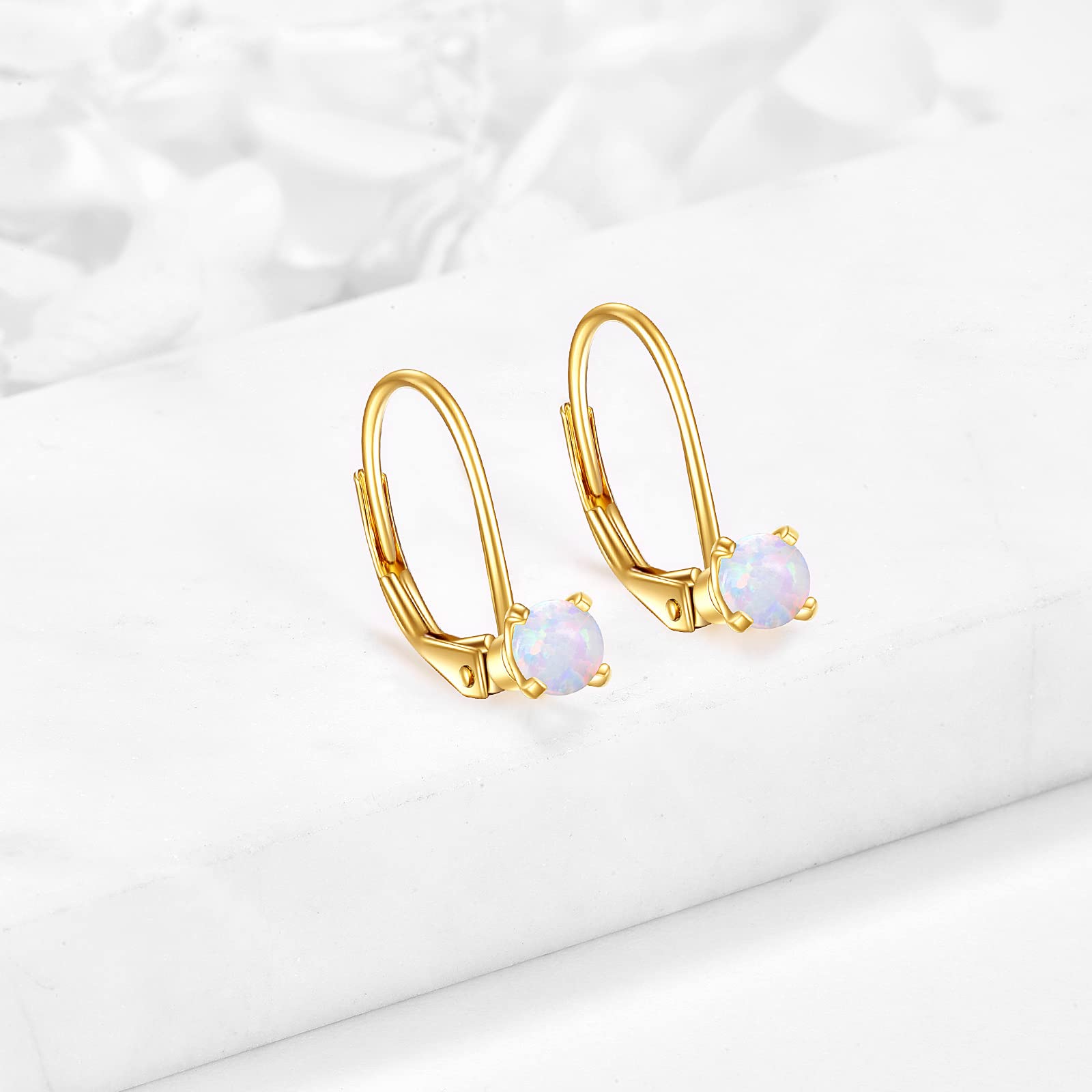 14k Solid Gold Leverback Earrings for Women Opal Jewelry Birthday Gifts for Her (4mm)