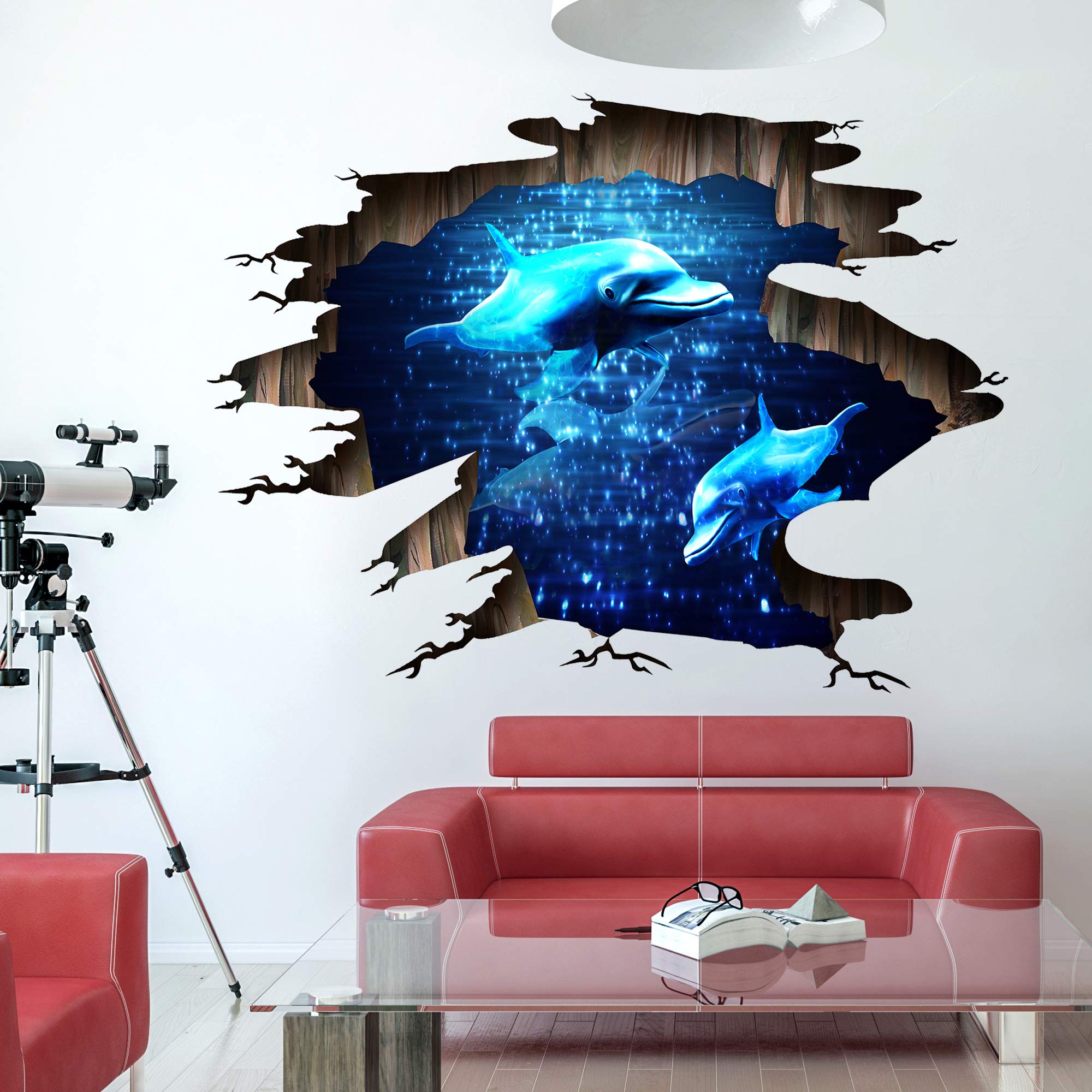 3D Galaxy Universe Scene Blue Cosmic Wall Decals Removable Magic 3D Milky Way Outer Space Dolphin Planet Starry Sky Stars Wall Decals for Kids Bedroom Ceiling Living Room Nursery