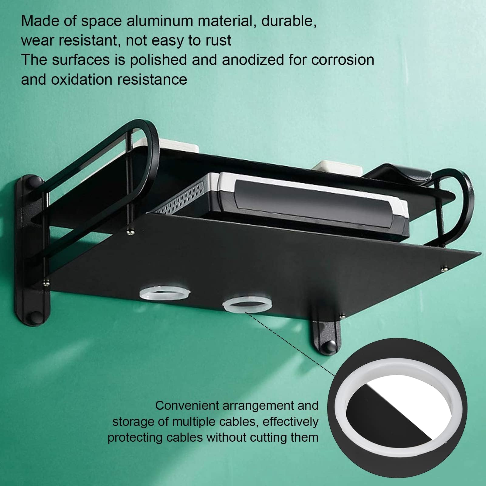 Floating Shelf for TV Set Top Box Router Game Consoles, Double Layer TV Box Shelves Wall Mounted Router DVD Cable Box Shelf Punching Storage Rack, Floating Wall Shelf with Cable Holes
