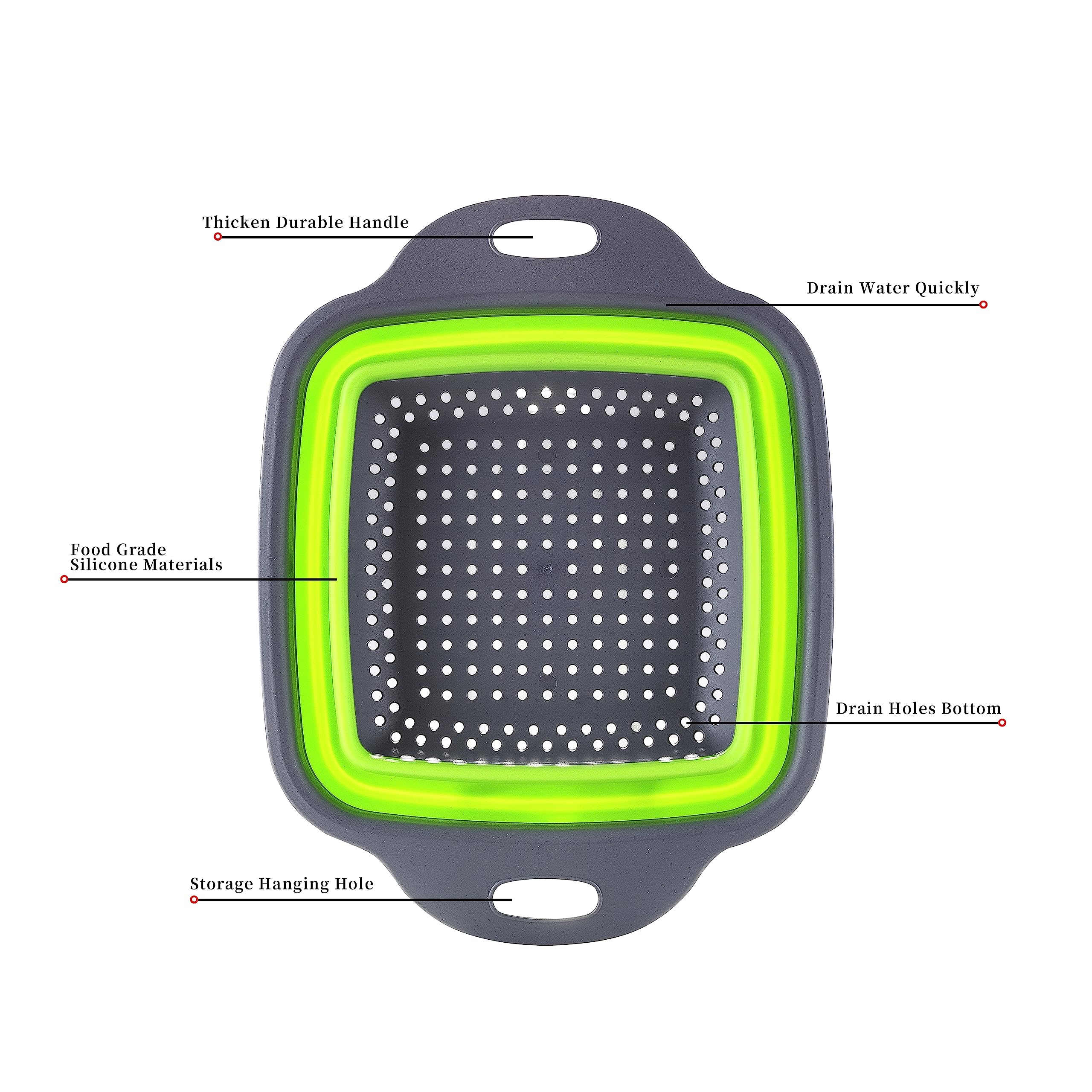 2PCS Collapsible Strainer, JJOO Silicone Collapsible Colander, 11.5 inch Square Silicone Colander and 9.5inch Square Silicone Colander, Vegetable and Fruit Colander, Kitchen Food Strainers (Green)