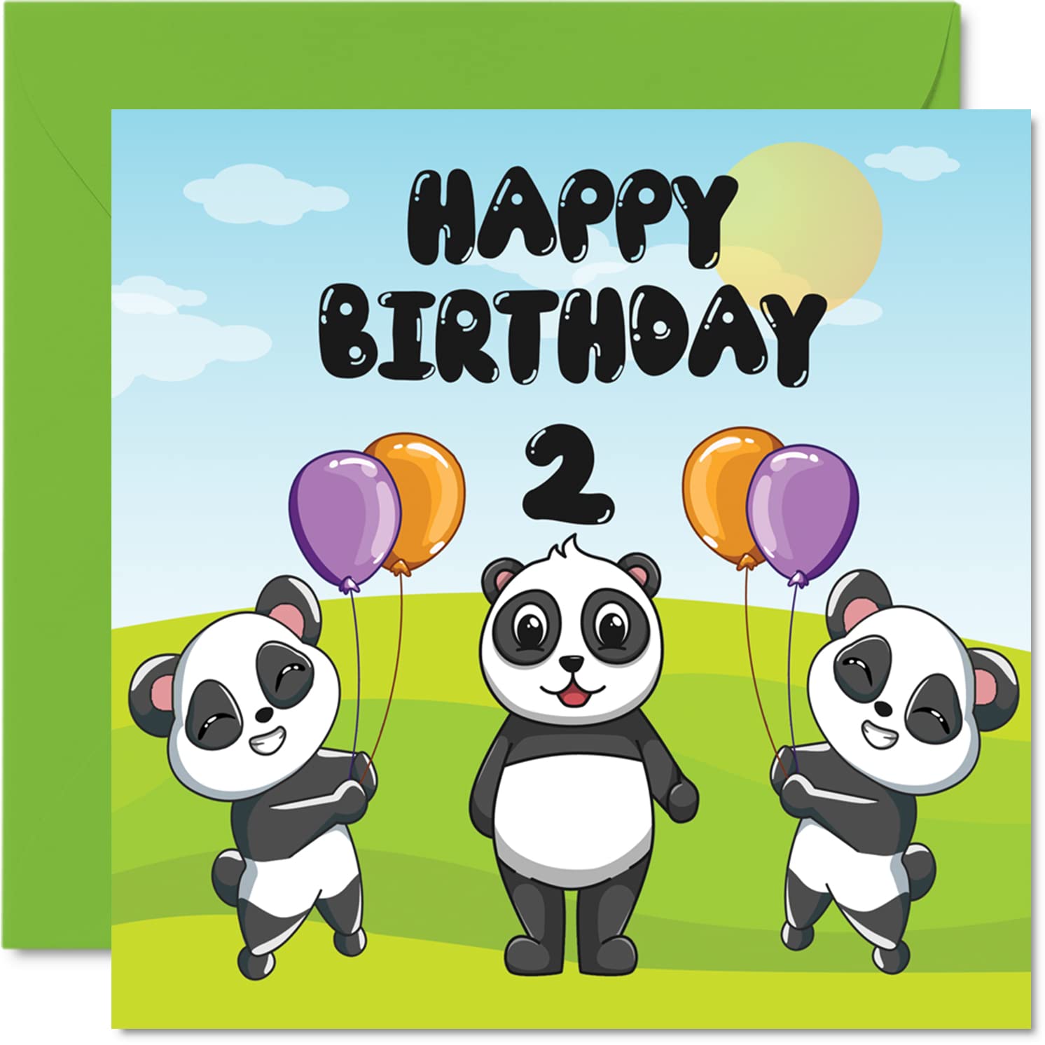 2nd Birthday Card Unisex - Panda Party - Happy Birthday Card 2 Year Old, 5.7 x 5.7 Inch Cute Greeting Card for Son Daughter Brother Sister Grandson Granddaughter Niece Nephew Cousin