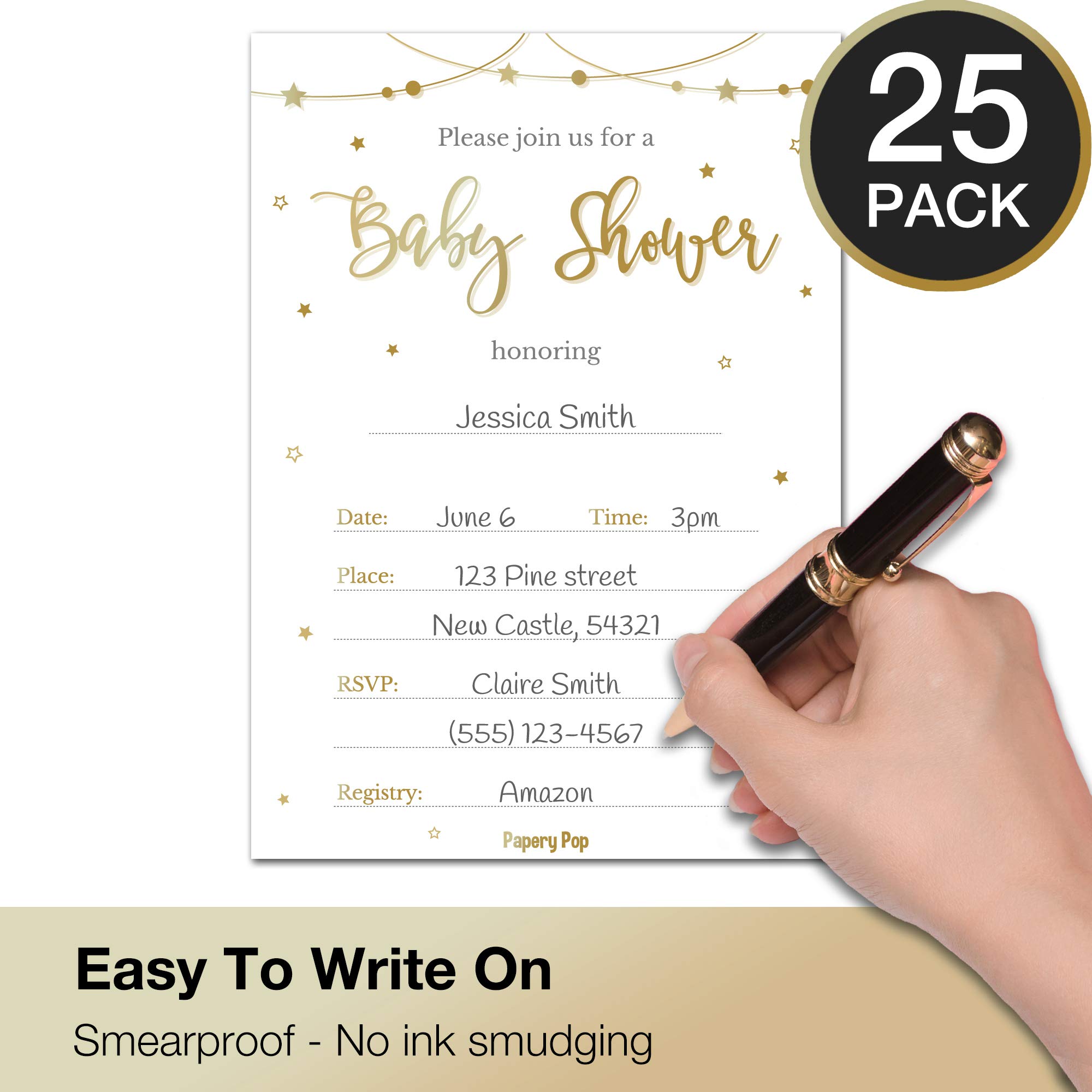 Set of 25 Baby Shower Invitations with Envelopes, Diaper Raffle Tickets and Baby Shower Book Request Cards - Night Stars