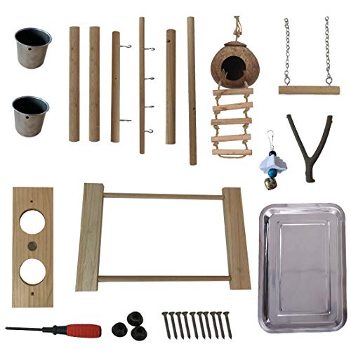 Hamiledyi Parrot Playground Bird Playstand Wood Perch Gym with Feeder Cups Toys Cockatiel Nest with Ladder for Conure Lovebirds