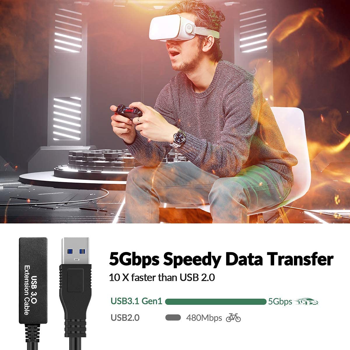 50FT USB 3.0 Extension Cable,Active USB 3.0 Extension Cable A-Male to A-Female,USB 3.0 Extension Cord,with 5V/2A Power Adapter,Compatible Oculus Quest 2 VR, Xbox, PS4 and More, (Black-50Feet)