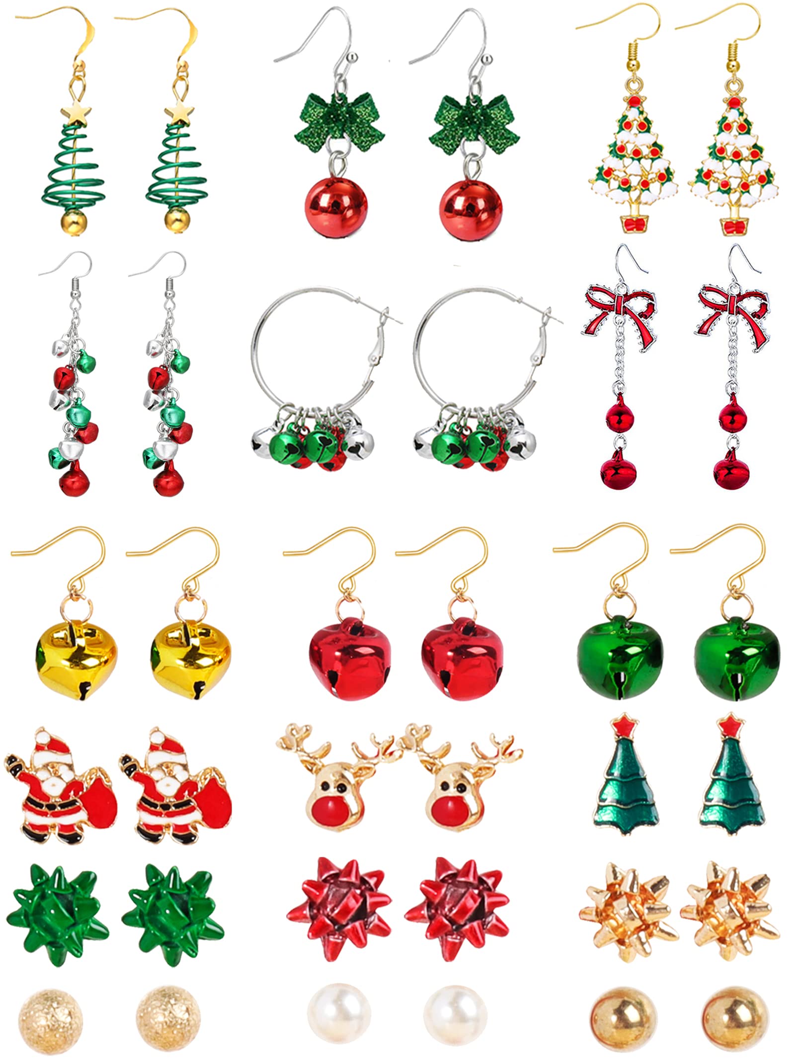18 Pairs Christmas Earrings Bulk Cute Christmas Jingle Bell Santa Claus Pearl Tree Bow Earrings Xmas Jewelry Dangle Earrings Set for Women
