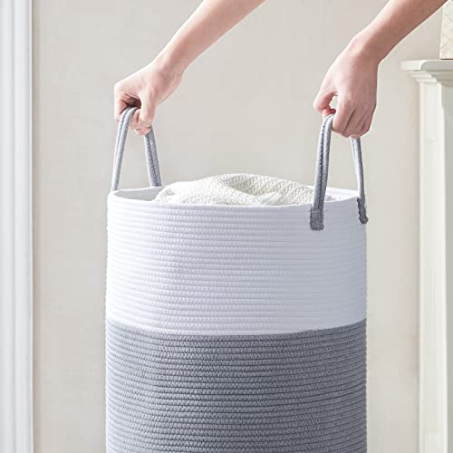 Cotton Rope Laundry Hamper by YOUDENOVA, 58L - Woven Collapsible Laundry Basket - Clothes Storage Basket for Blankets, Laundry Room Organizing, Bedroom Storage, Clothes Hamper β Grey & White