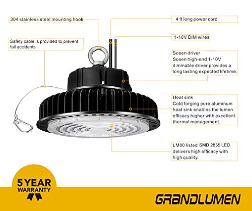 GRANDLUMEN 200W LED High Bay Light, ETL Certified LED Warehouse Lighting, 120-277V, IP65, Dimmable, 4 FT Cable, 5000K Daylight White