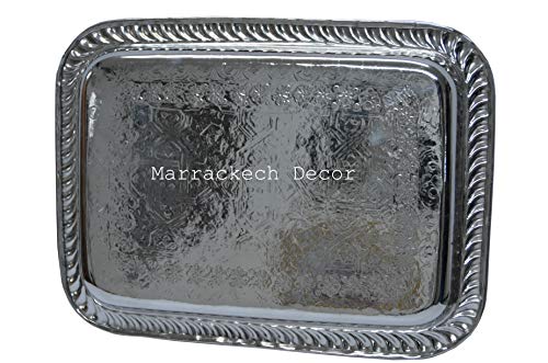 16 Inch Rectangular Moroccan Handmade Serving Tea Tray Silver Plated Brass Handcrafted Plate in Fez Morocco