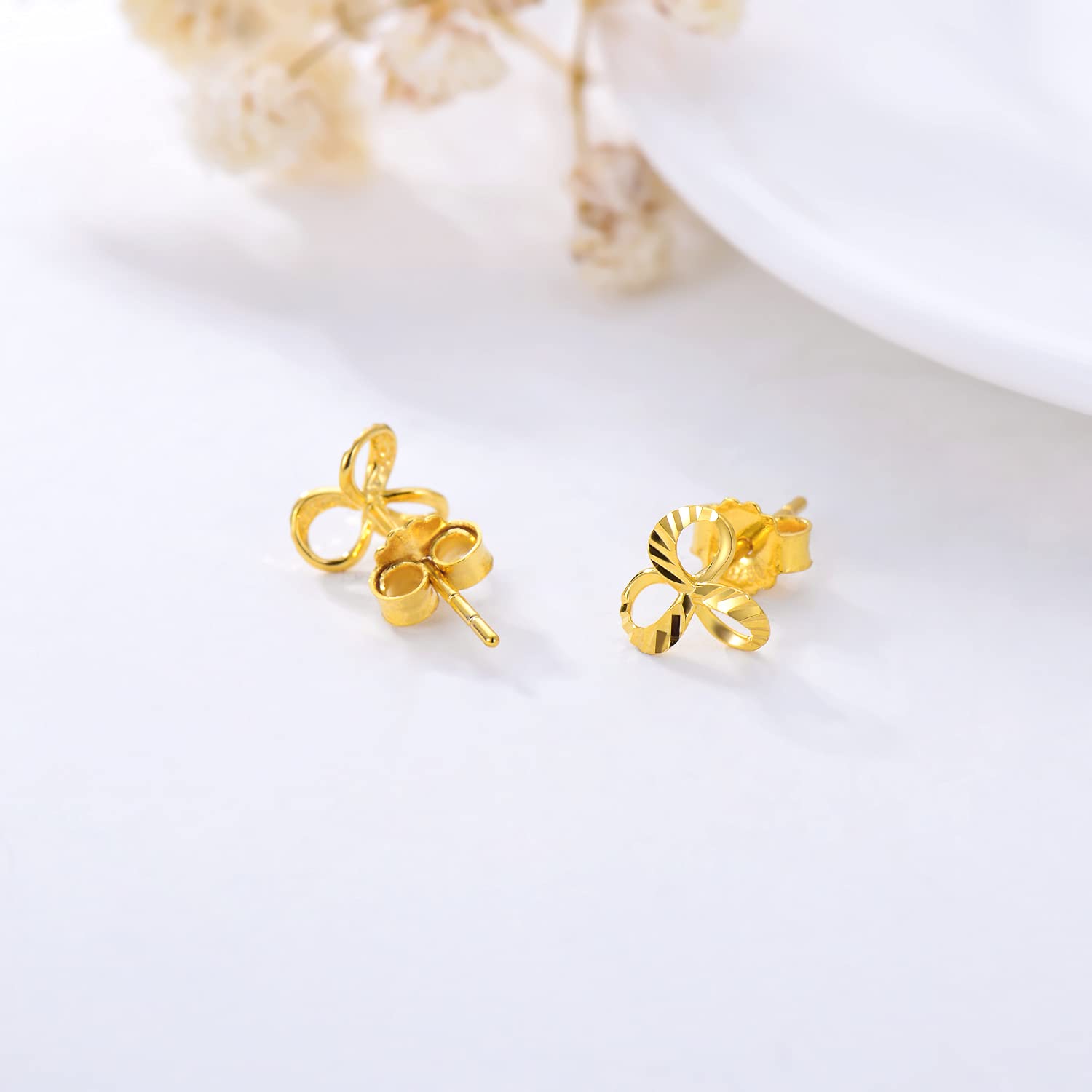 18k Solid Gold Knot Stud Earrings, Real Gold Diamond-Cut Flower Stud Earrings for Women Hypoallergenic