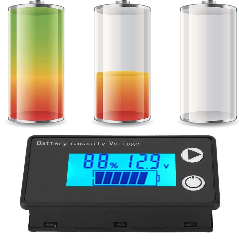 Battery Monitor LCD 12V Digital Battery Capacity Tester Lithium Battery Volt Meter Universal Percentage Display Voltmeter Voltage Indicator ((10-100V) Blue + Alarm)