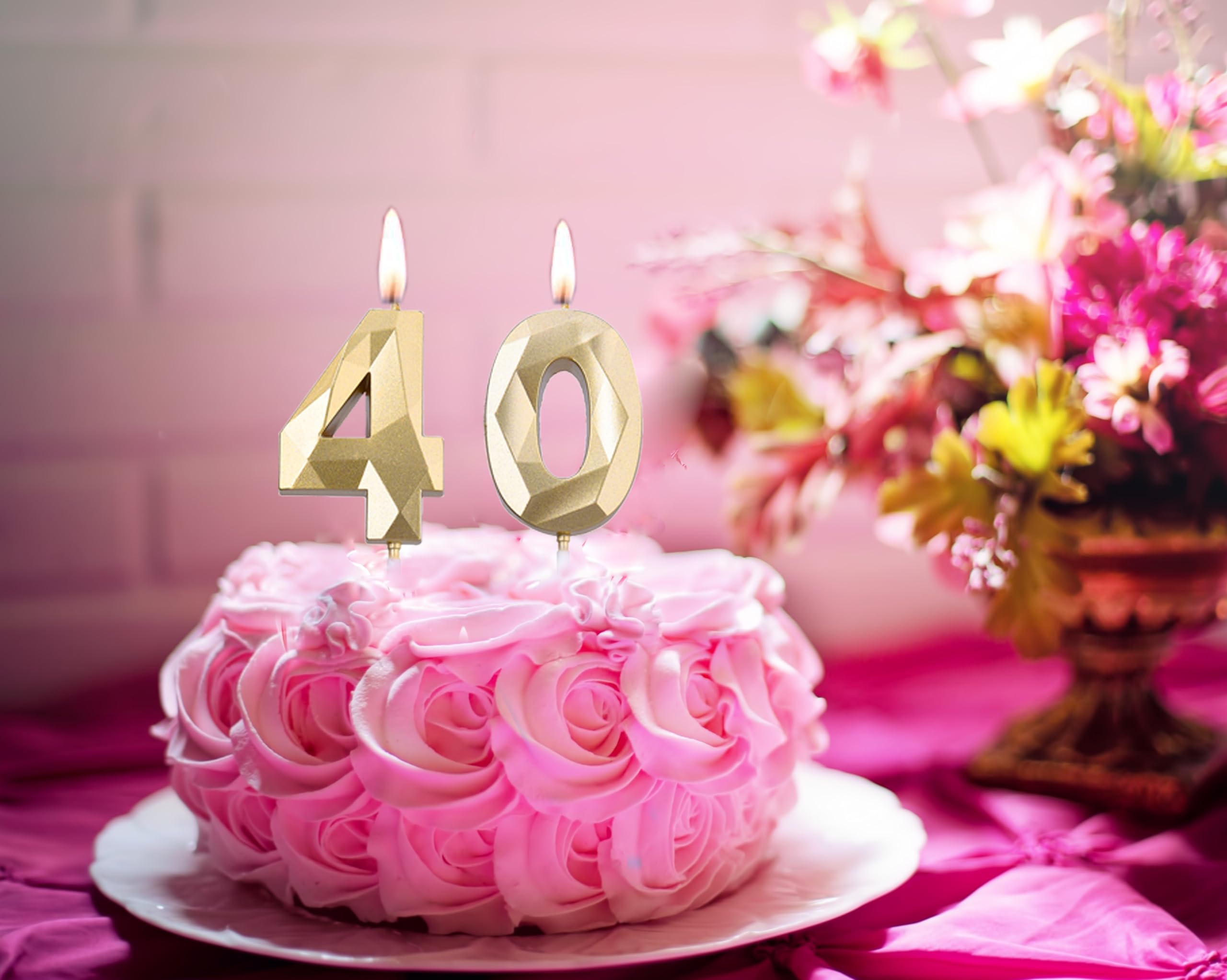 2 inch Gold 40 Birthday Candles, 3D Diamond Number 40 Cake Topper for Men Women Birthday Party Decorations Theme Party