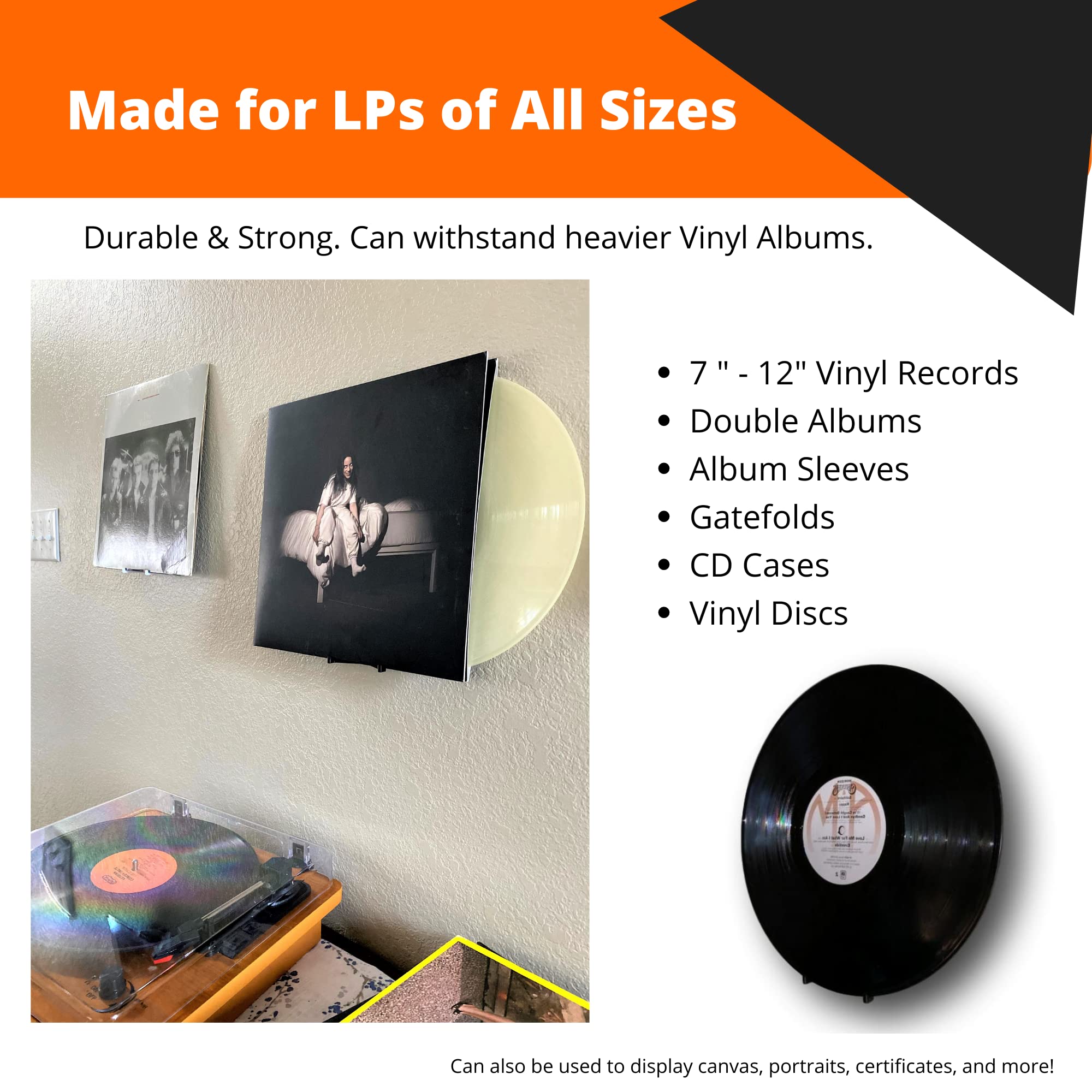 3d Lasers Lab Wall Mount Vinyl Record Display/Shelf [5-pk] - Display Your Albums Without Damaging Your Walls, Perfect for Office, Home, Dorms, and Apartments (Black, 5)