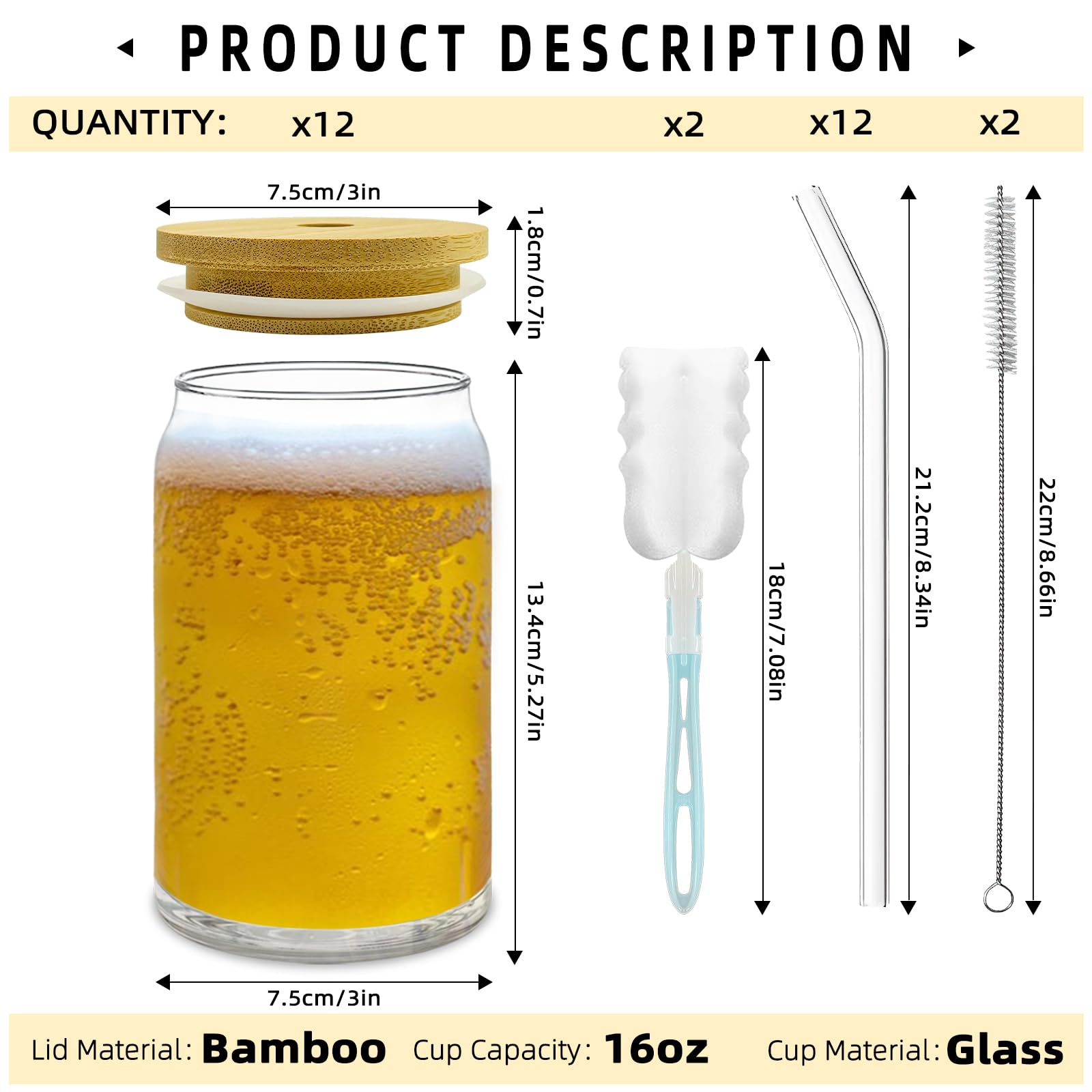 16 OZ Glass Cups with Bamboo Lids and Glass Straws - 12pcs Set Beer Shaped Drinking Glasses, Iced Coffee Cups, Cute Tumbler Cup for Smoothie, Boba Tea, Whiskey, Water