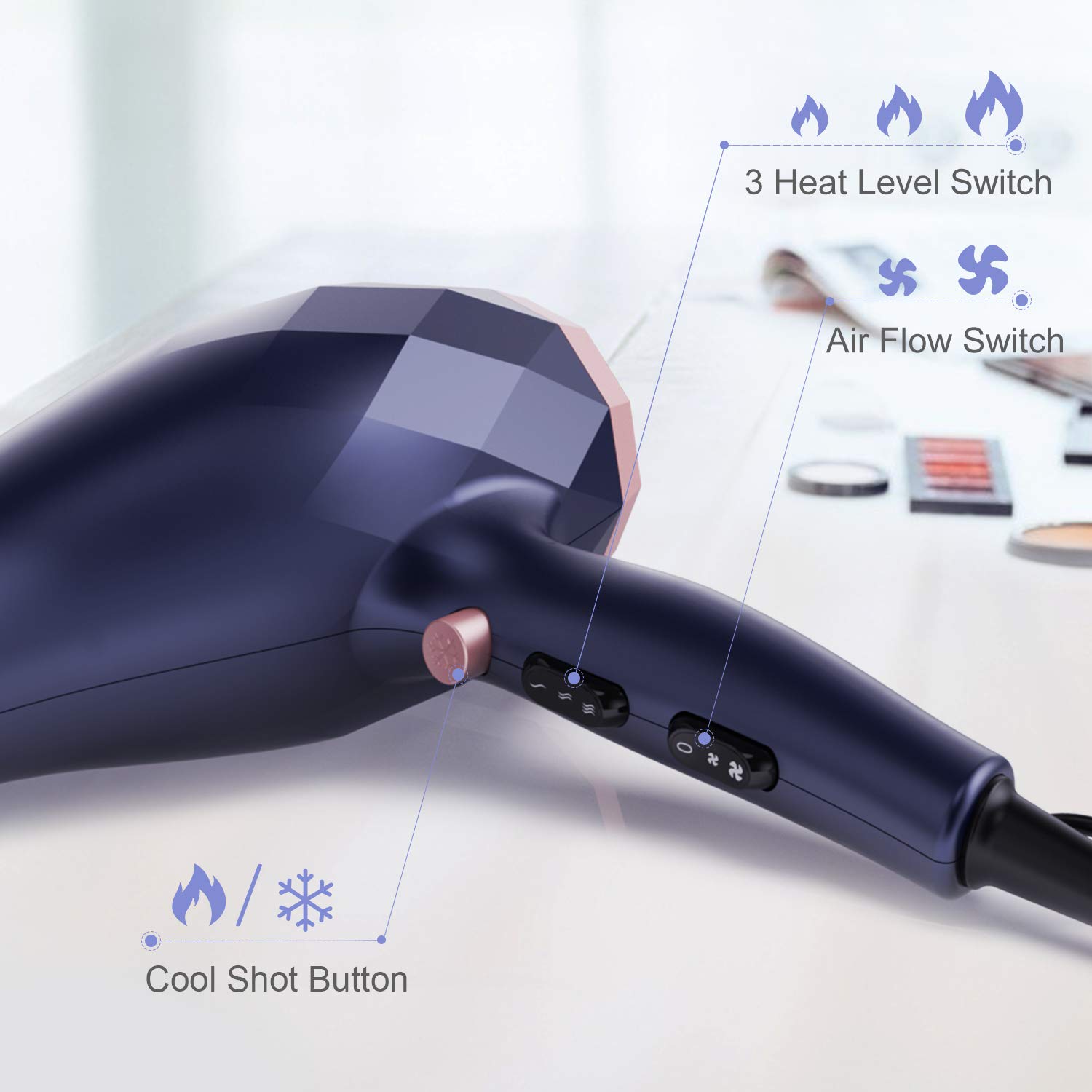 1875W Professional Hair Dryer, Negative Ion Blow Dryer 2 Speed and 3 Heat Setting, Quick Dry Light Weight Low Noise Hair Dryers with Diffuser & Concentrator & Comb