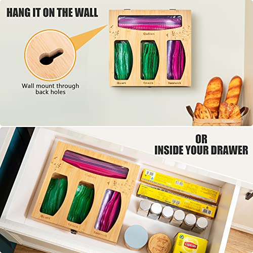 AKAT HOME Bamboo Ziplock Bag Storage Organizer & Baggie Dispenser for Kitchen Drawer β Wooden Zip Lock Container Holder Wall Gallon,Sandwich,Snack,Quart (Flip, Engraved, - M1)