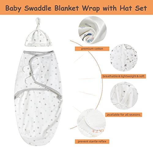 Newborn Swaddle with Hat 100% Cotton Swaddle Blankets for Baby Receiving Blanket Adjustable Sleepsack Easy Wrap Swaddle for Infant Boys Girls 0-3 Months (Stars)