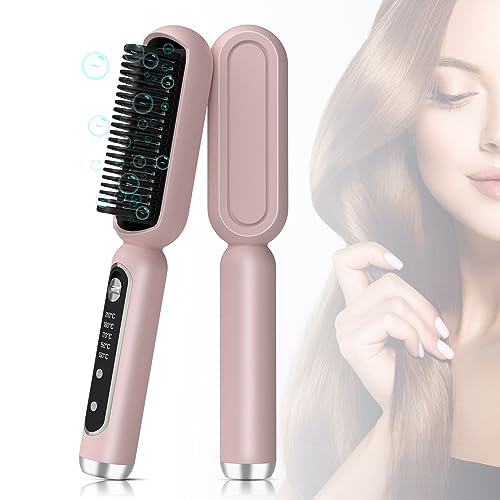 2023 Upgraded Hair Straightener Brush - Professional Ionic Hair Straightener Comb for Women, Hair Care & Ease Frizz, Anti-Scald, 5 Temp Settings for Home,Travel & Salon (Pink)