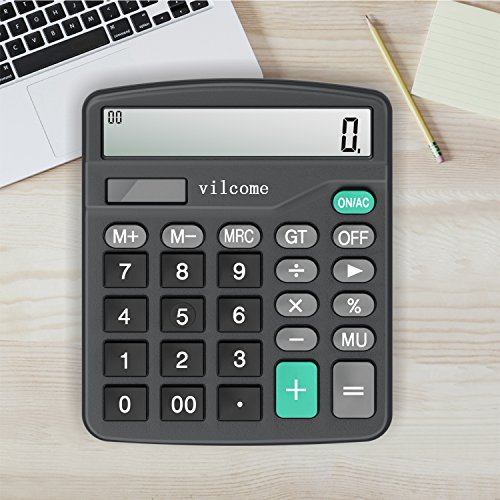 Calculator,Vilcome 12-Digit Solar Battery Office Calculator with Large LCD Display Big Sensitive Button, Dual Power Desktop Calculators (Black)