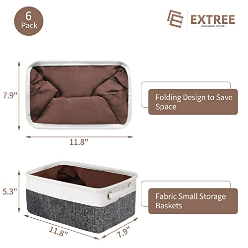 EXTREE Fabric Small Storage Baskets - 6 Pack Nursery Decorative Storage Bins Linen Empty Gift Basket with Handles for Organizing Shelves Bathroom(Gray,11.8L x 7.9W x 5.3H inches)