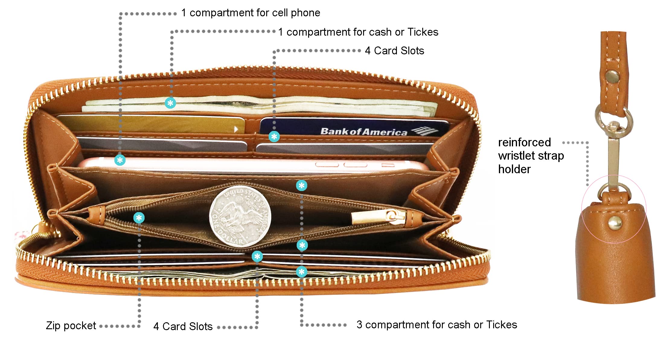 B BRENTANO Vegan Leather Slim Single-Zipper Wallet with Pocket, Wristlet and Tassel Accent (Leopard Brown)