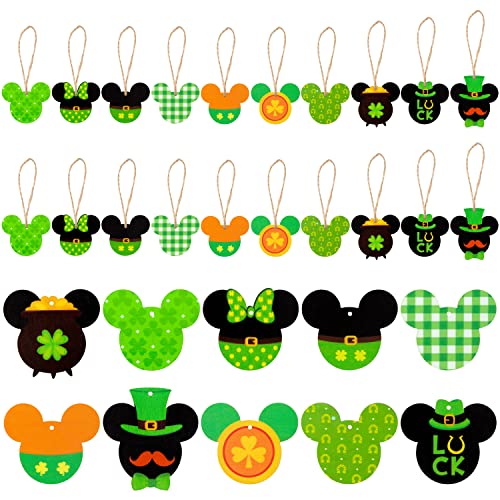 30Pcs St. Patrickās Day Mouse Wood Hanging Ornaments Shamrock Lucky Clover Hanger Bauble Trefoil Pendant with Rope Irish Mouse Decoration Embellishments Gift Tag Crafts Supplies for Party Home Decor