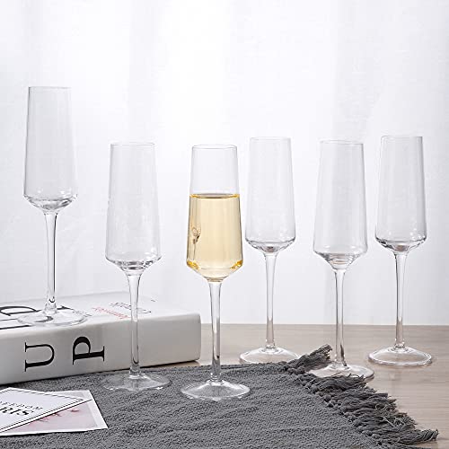 Hand Blown Crystal Champagne Flutes Champagne Glasses Set of 6 Elegant Flutes 100%Lead Free Quality Sparkling Wine Stemware Set Dishwasher Safe Gift for Wedding, Anniversary, Christmas - 8oz Clear…